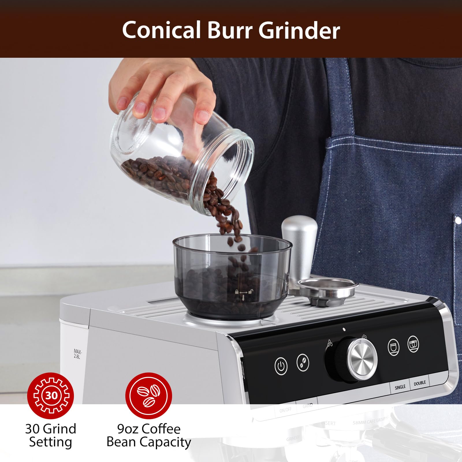 Espresso Machine with Grinder, Milk Frother Wand, 1450W, 20 Bar Professional Espresso Maker with Barista Kit, 2.8L Water Tank for Cappuccinos or Macchiatos