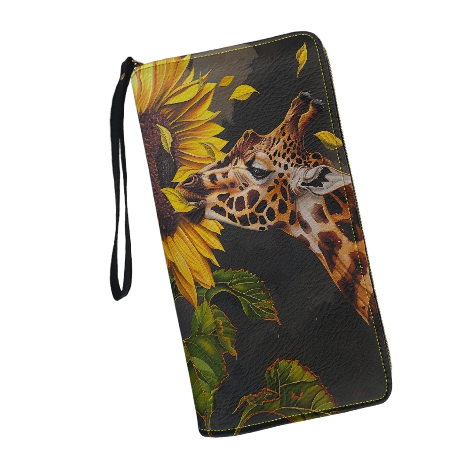 xixirimido Yellow Sunflower Giraffe Pattern Women's Wallet Handbags with Wristlet Pu Leather Bifold Cell Phone Coin Purse for Travel Work