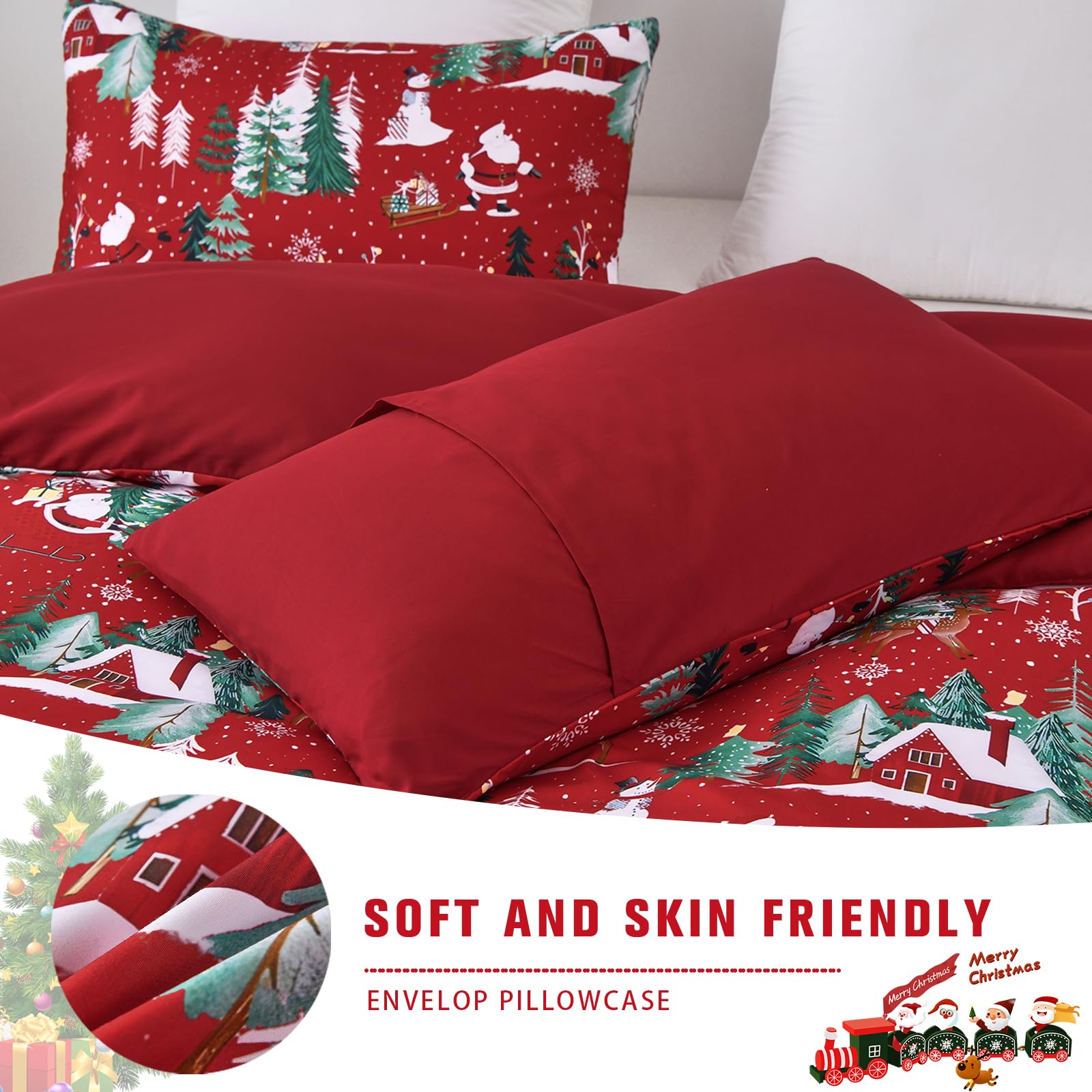Dinjoy Christmas Red Duvet Cover Set King Size, 3 Piece Father Christmas Xmas Trees Snowman, Soft Microfiber King Duvet Cover Set for All Seasons