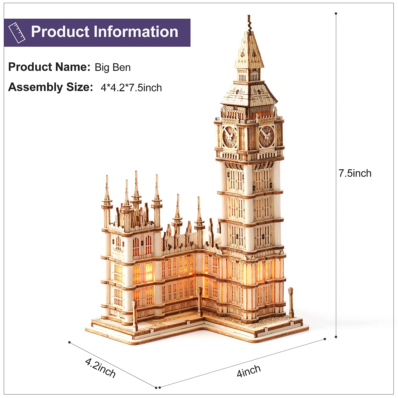 ROBOTIME 3D Puzzle for Adults Wooden Craft Kits for Teens DIY Construction Model Kit with LED Light to Build Educational Big Ben Set Toys Birthday Gifts