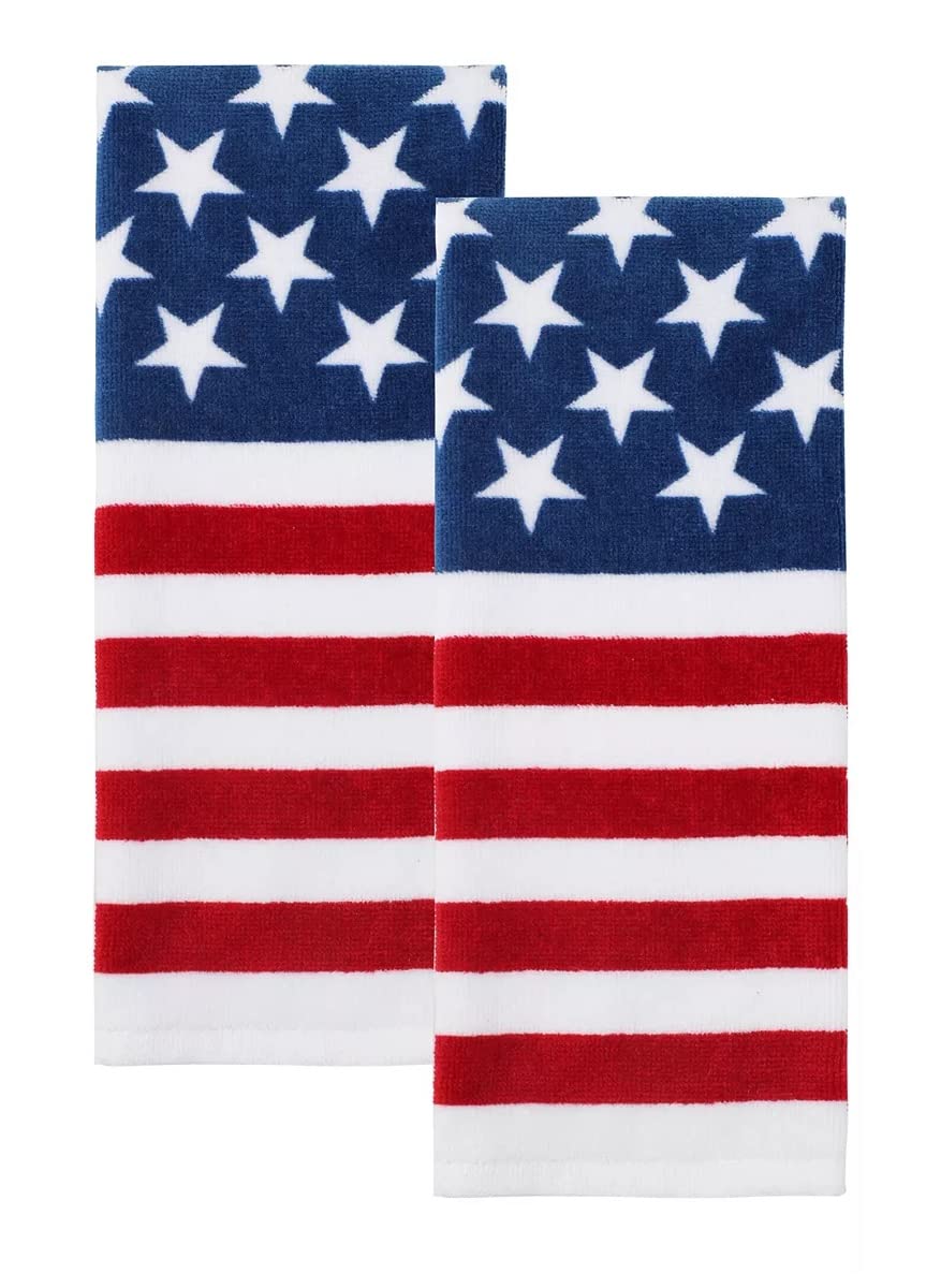 Celebrate Patriotic Kitchen Towels Red White and Blue, Flag Stars and Stripes, Set of 2 Cotton Dishtowels, for 4th of July, Memorial or Labor Day