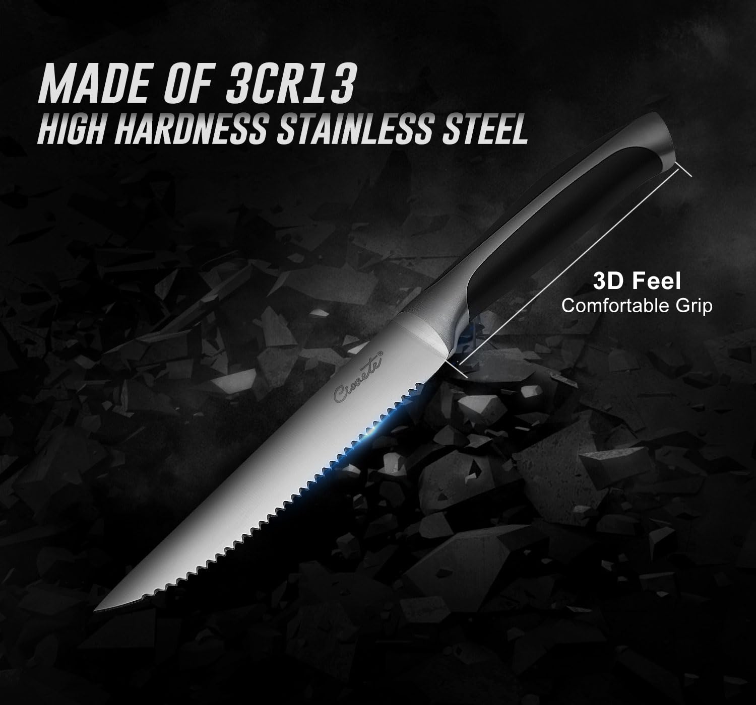 ciwete Serrated Steak Knives Set of 8, 4" Upgrade 3RC13 Stainless Steel Steak Knife Set, 8-Piece Sharp, Non-Stick & Rust-Resistant Dinner Knives, Black
