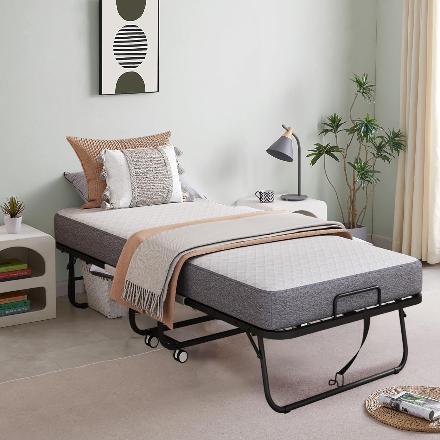 Espsilto Folding Bed with Mattress, Fold up Bed Cot Size 75" x 31" Portable Bed with Memory Foam Mattress, Foldable Bed for Guest, Rollaway Bed for Adults