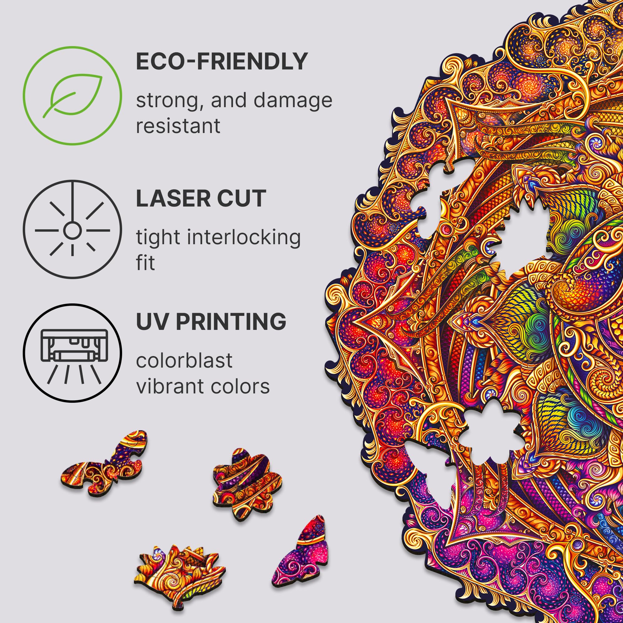 UNIDRAGON Original Wooden Jigsaw Puzzles - Mandala Inexhaustible Abundance, 200 pcs, Medium 9.8"x9.8", Beautiful Gift Package, Unique Shape Best Gift for Adults and Kids