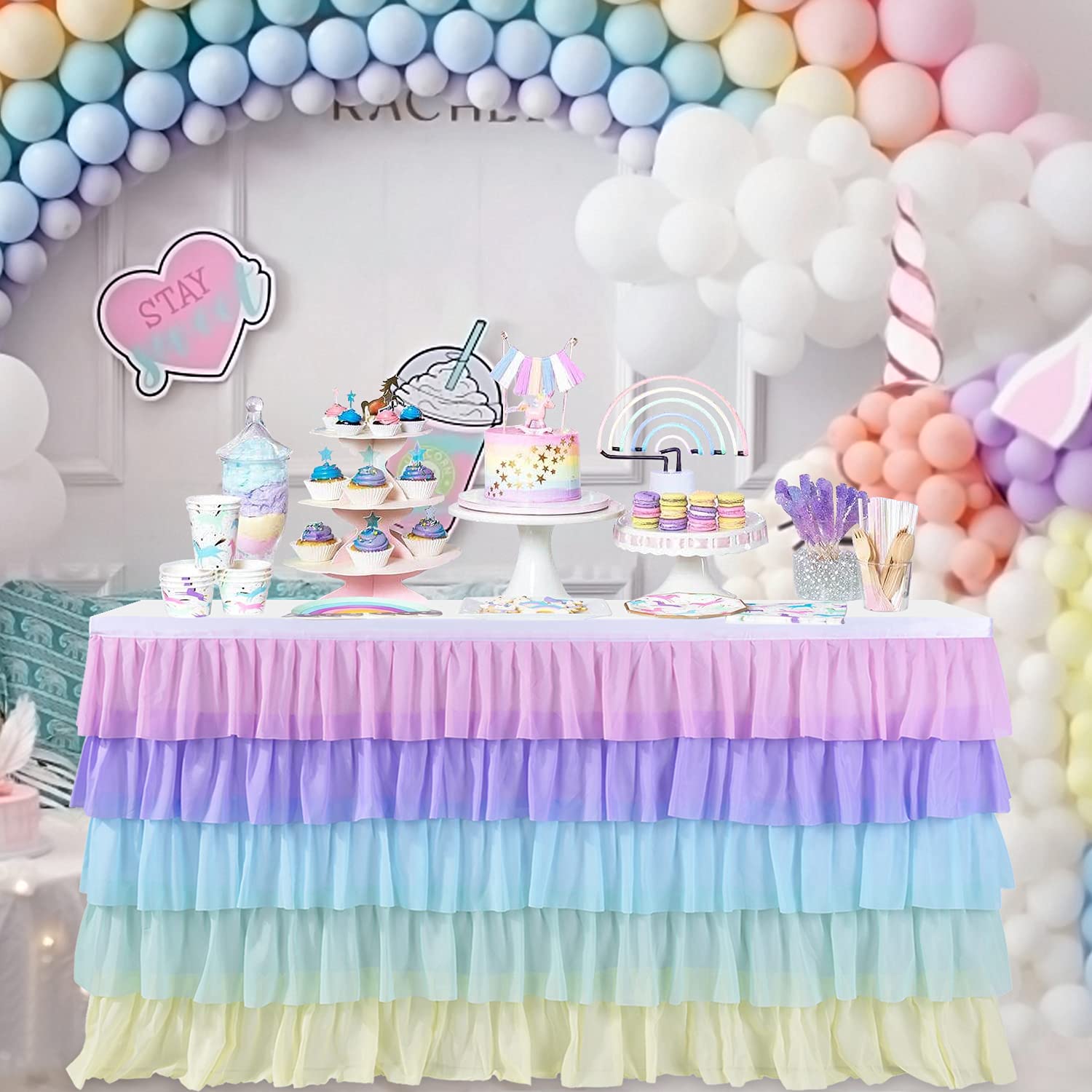 HB HBB MAGIC Rainbow Table Skirt Tutu Unicorn Tablecloth for Rectangle Table 6ft Girls Birthday Unicorn Party Baby Shower