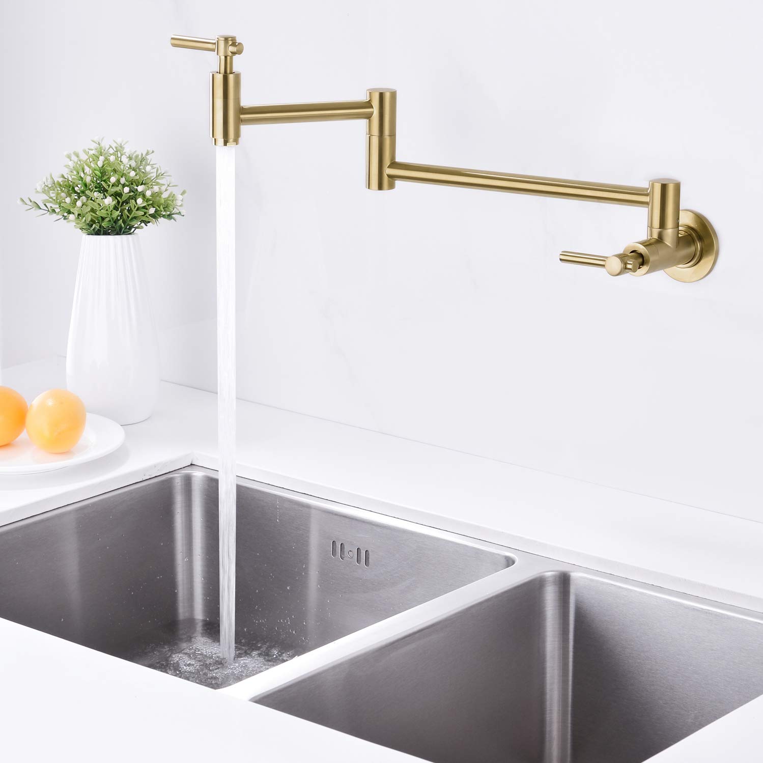 BZOOSIU Brushed Gold Pot Filler Faucet, Solid Brass Double Joint Swing Arms Folding Faucet, Single Hole Two Handles Wall Mount Kitchen Faucet
