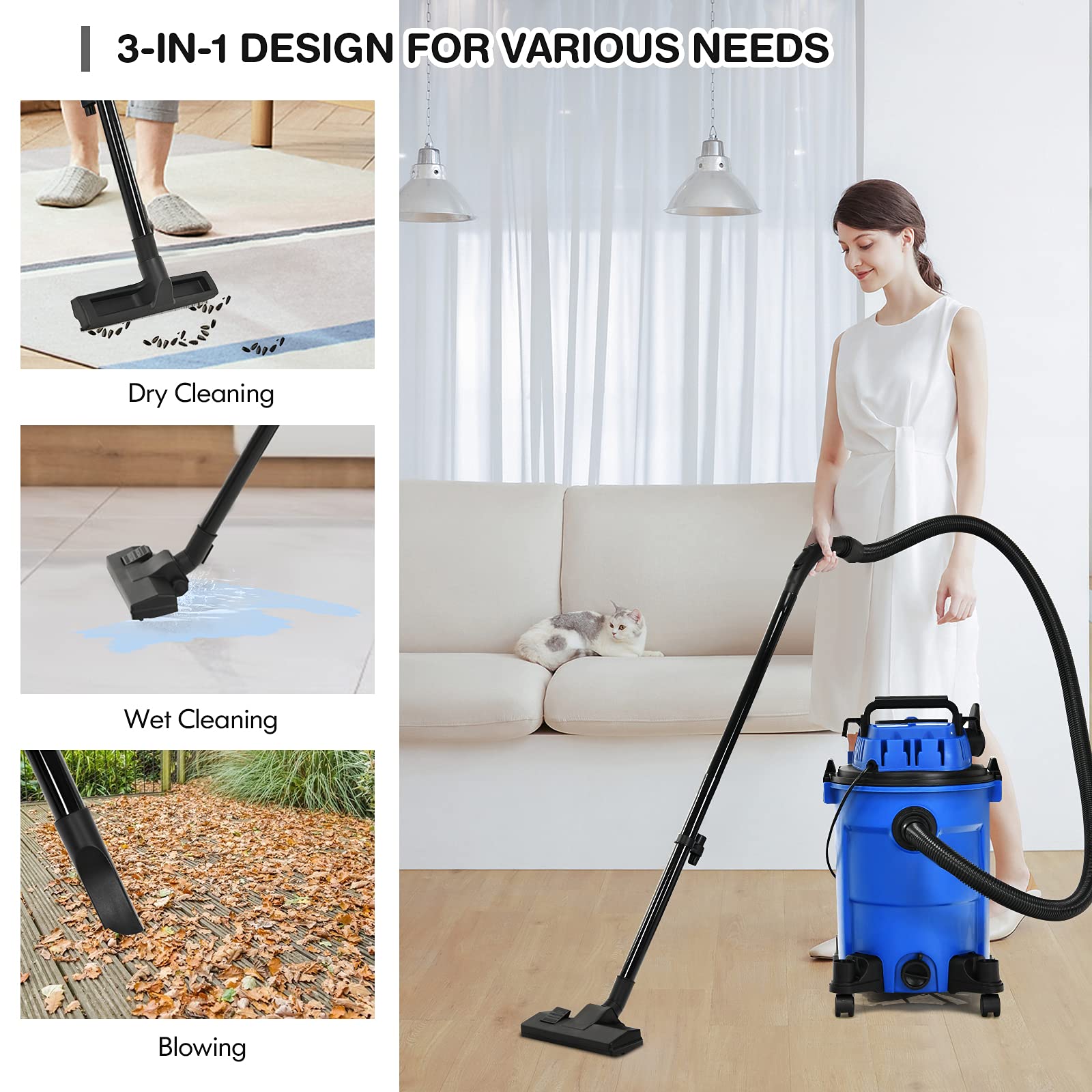 COSTWAY 3-in-1 Wet/Dry Vacuum Cleaner with Blower Function, 6.6 Gallon 4.8 Peak HP Vacuum with Safety Protection, Portable Shop Vacuum Cleaner for Workshop, Car, Garage, Home, 1200W (Blue)