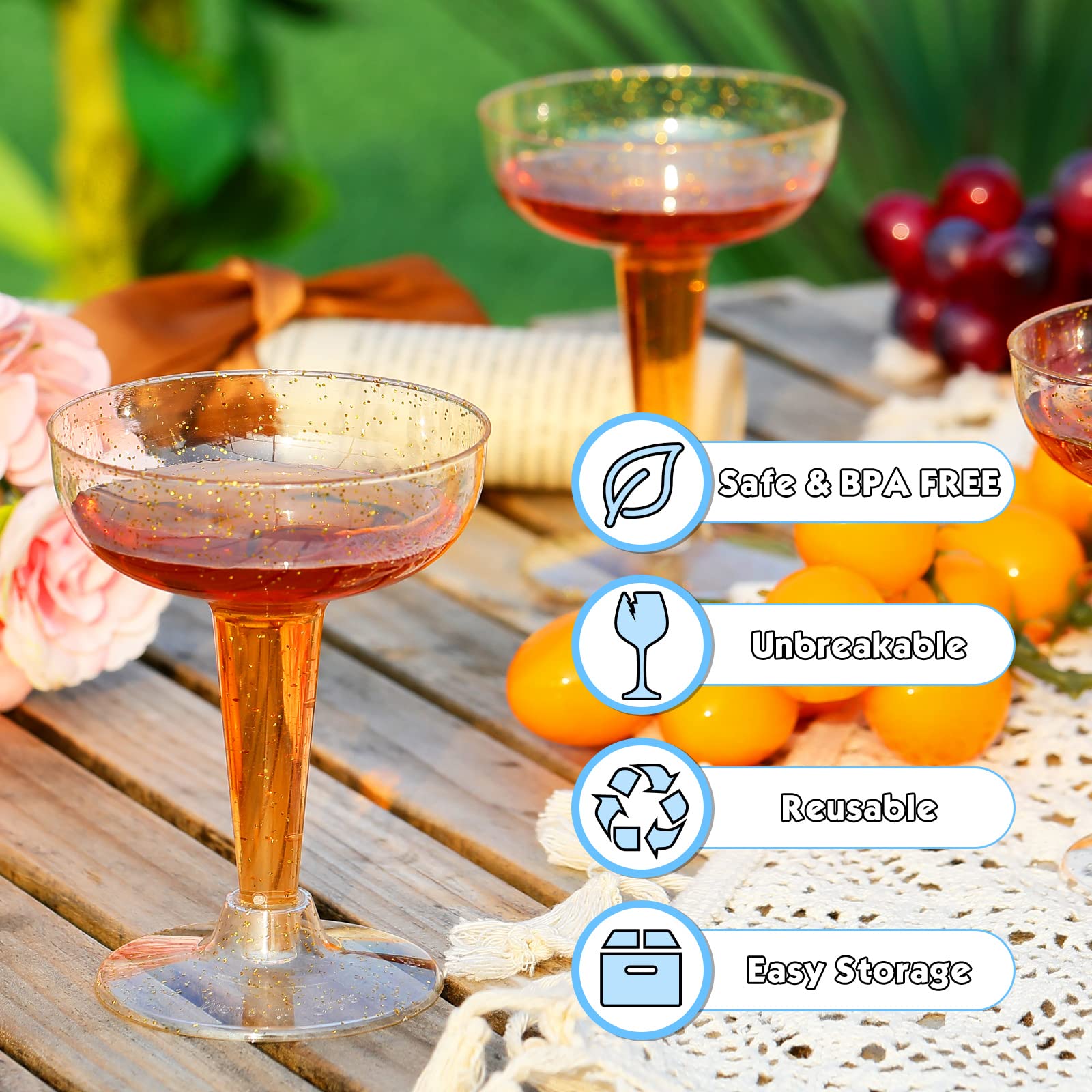Censen 100 Pcs 4 oz Plastic Martini Glasses Cocktail Glasses Champagne Coupe Transparent Margarita Cups Gold Disposable Party Stemware for Wine Dessert Birthday Wedding(Glitter)