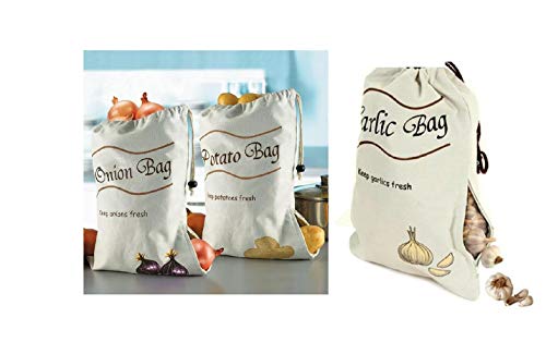Dependable Industries Inc. Essentials 3 pack Onion Potato & Garlic Storage Bags Keeps Fresher Longer Drawstring Closure Side Zipper Blackout Interior
