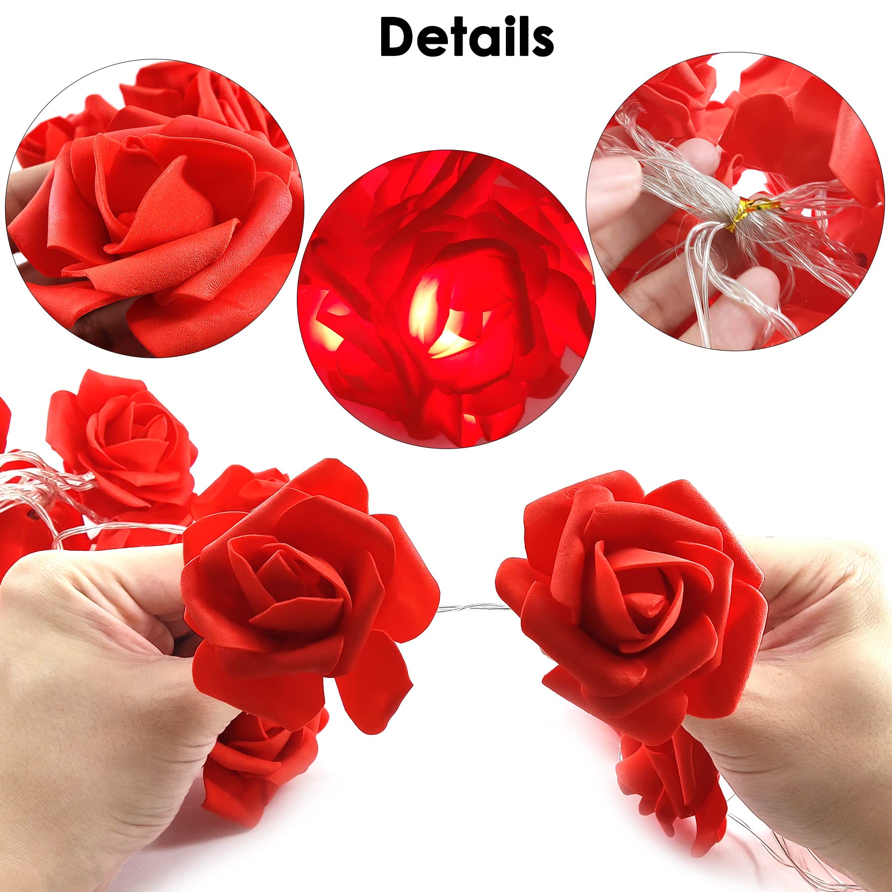 Yomiie Rose Flower String Lights Valentine's Day Decoration 6.6 ft 20 Rose Lamp Fairy String Lights, DIY Lights Decorations for Mother's Day Wedding Garden Party Decoration - Red