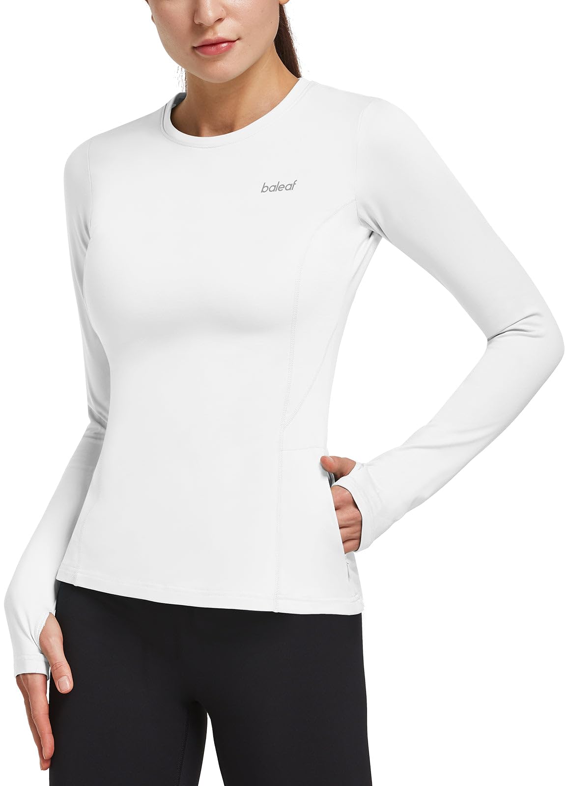 BALEAF Women's Thermal Shirts Long Sleeve Workout Tops Running Athletic Zipper Pocket Fleece Lined Cold Weather Gear Winter Thumbholes White L