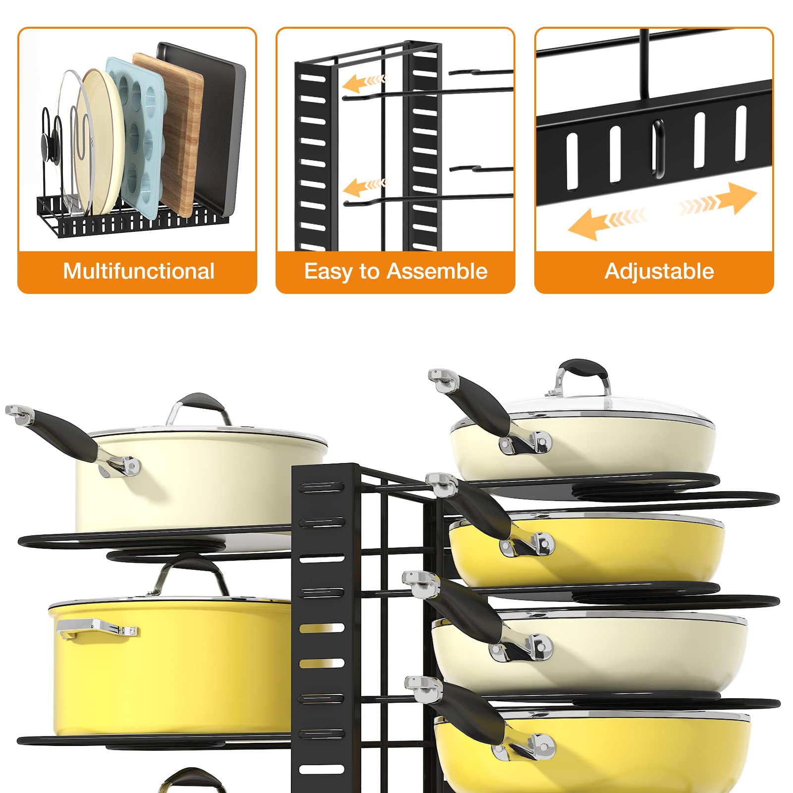 Bukfen household multifunctional pots and pans storage rack Lids Organizer Under Cabinet (2-Sided, 8 Tiers, Black) Stainless Steel multi-cabinet and Adjustable kitchen shelf for storage & organization