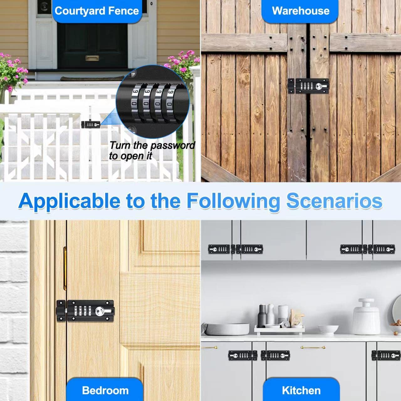 Combi Bolt Door Lock Sliding Combination Bolt Latch Keyless Combination Bolt, Weatherproof 4 Digit High Security Gate Lock for Sheds Cupboards Fences Garages