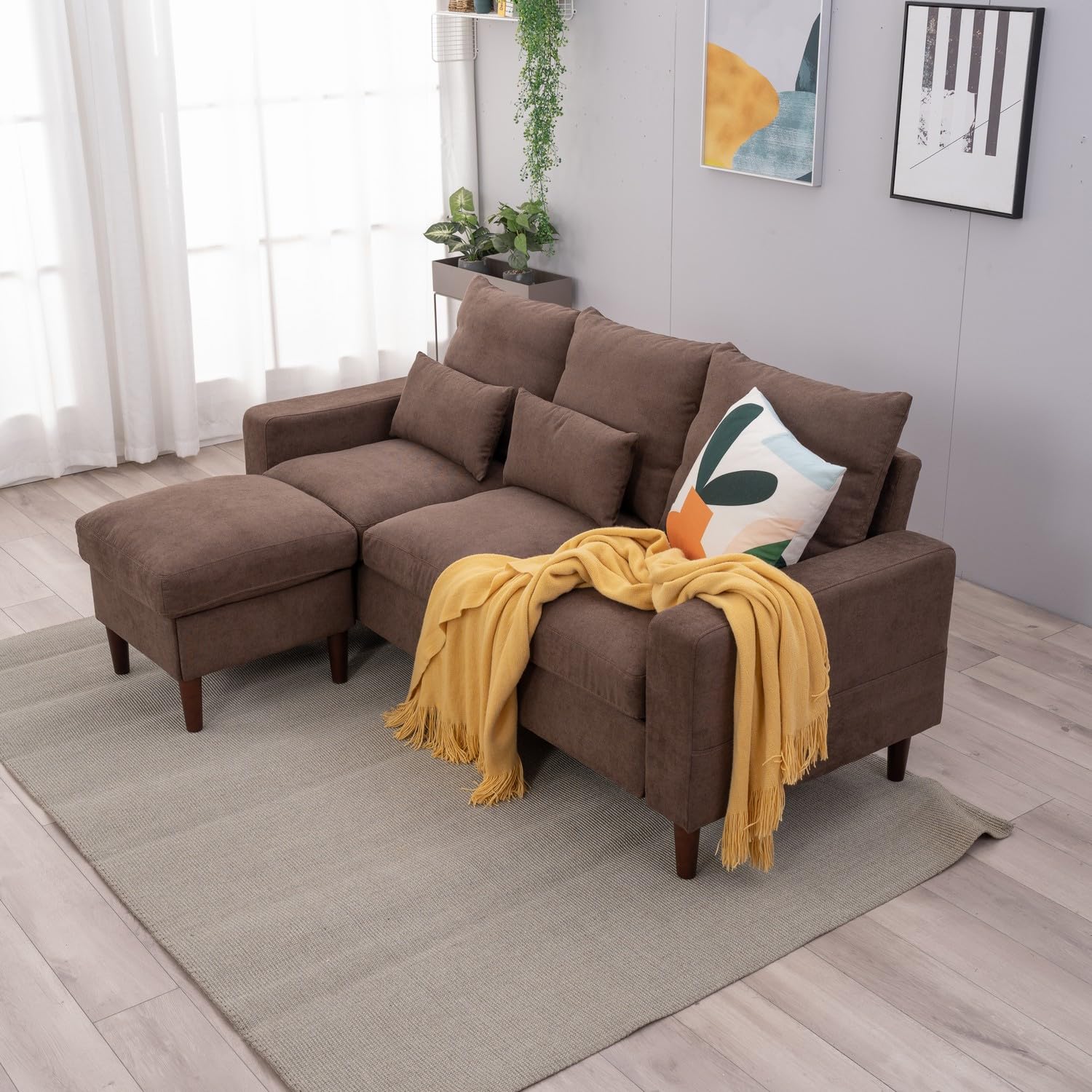 Panana Sectional Sofa Modern Deep 3-Seat Sofa Couch with Ottoman, Upholstered Furniture for Living Room, Apartment, Studio, Office (Black Artificial Leather, Track Arms)