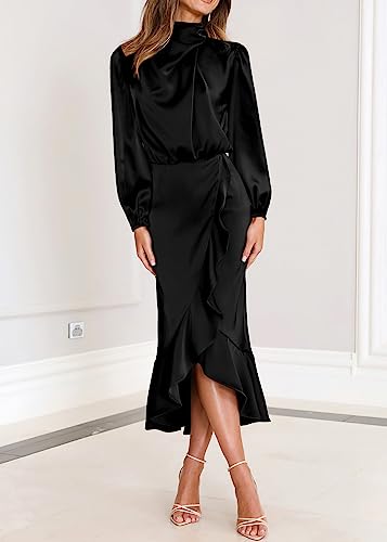 KIRUNDO Women's Fall Satin Mock Neck Wedding Guest Cocktail Midi Dress Long Sleeve Wrap Ruched Ruffle Formal Dresses(Black, Large)