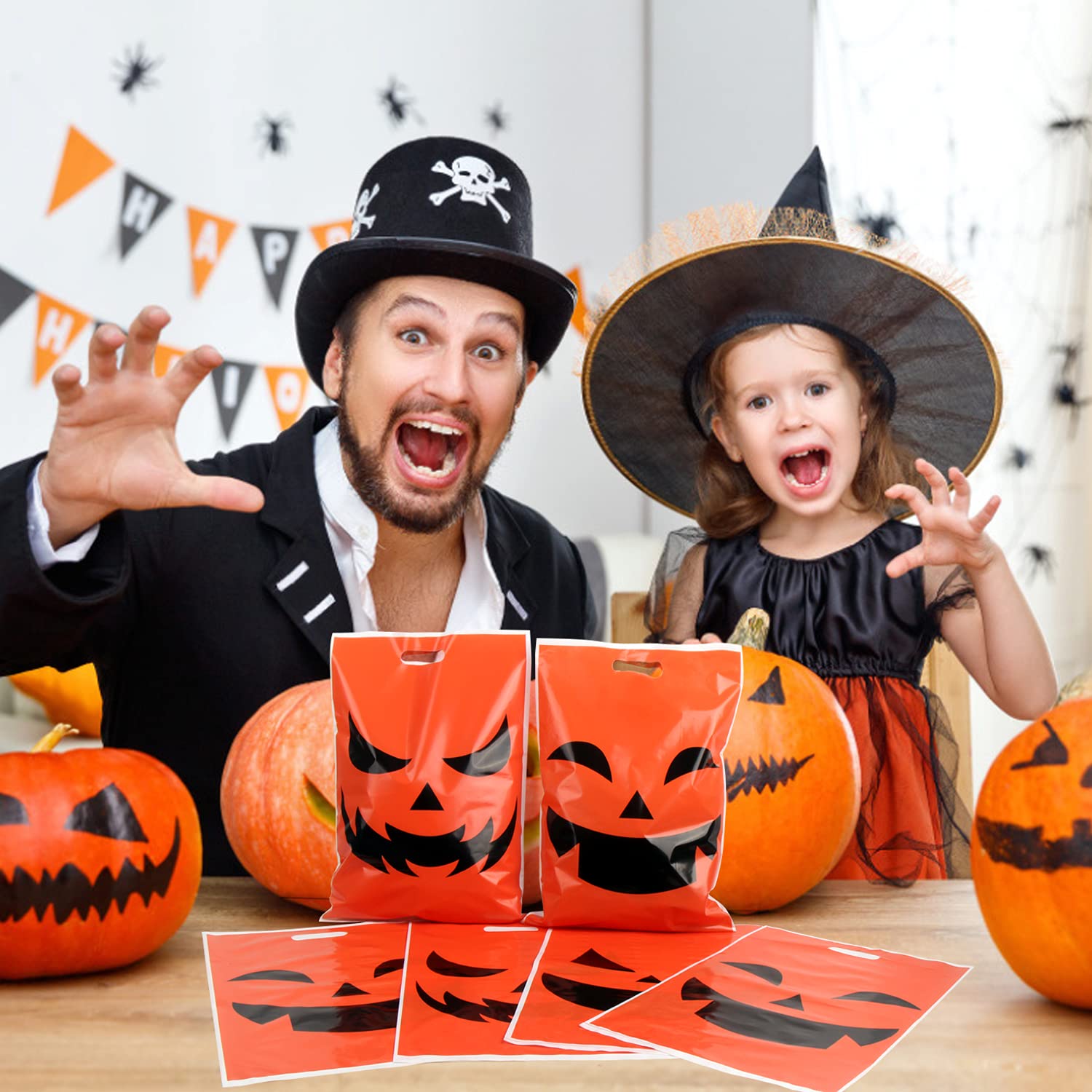 LOKIPA Halloween Plastic Pumpkin trick or Treat Candy Bags,72pcs Jack O Lantern Pumpkin Gift Snacks Party Favor Bag for Halloween