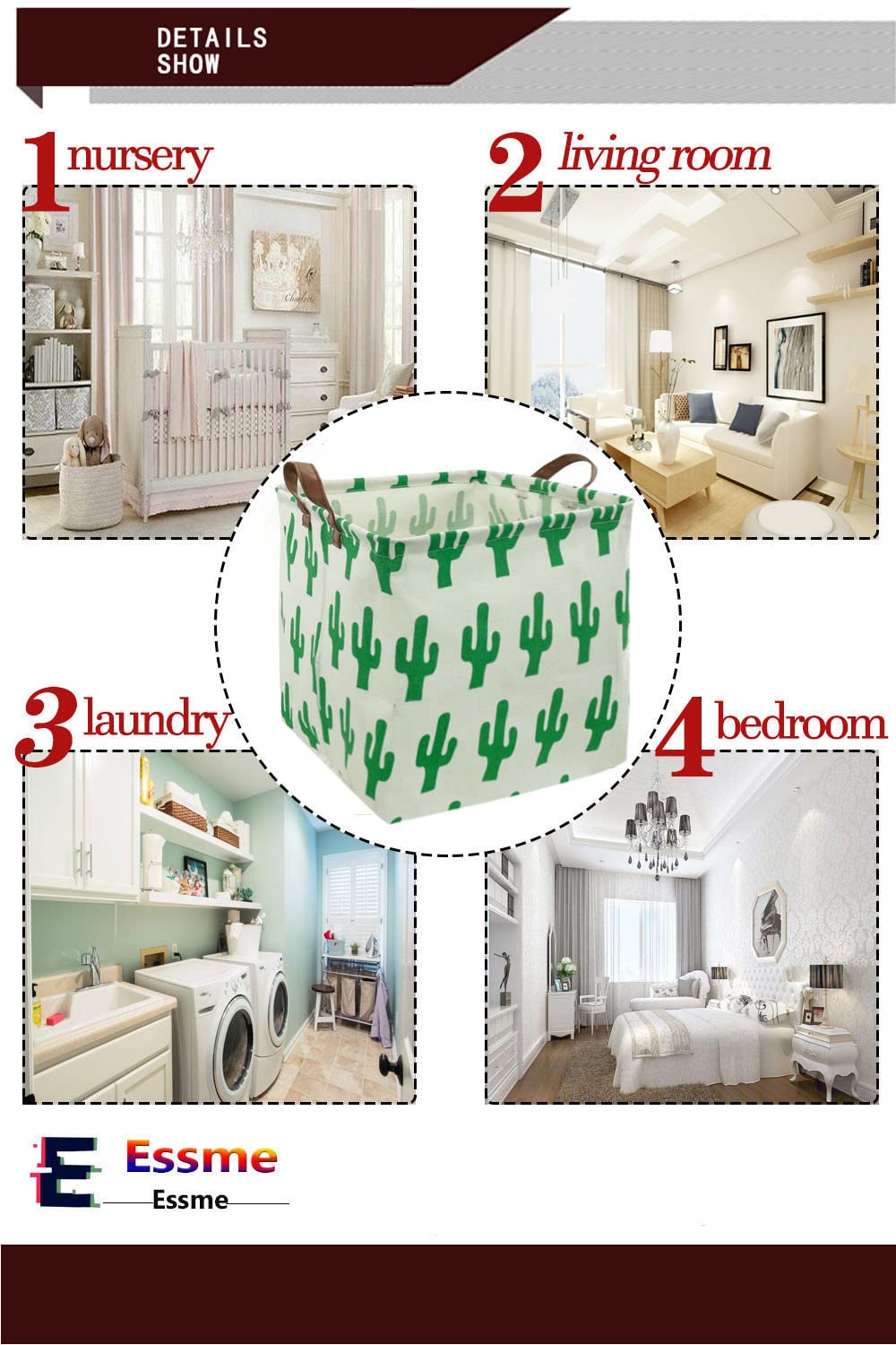 ESSME 3PACK Square Storage Bin,Cotton Fabric Laundry Baskets,Collapsible Waterproof Toy Storage Bin with Handles for Family Storage,Shelf Baskets,Bedroom(3pack Cactus)