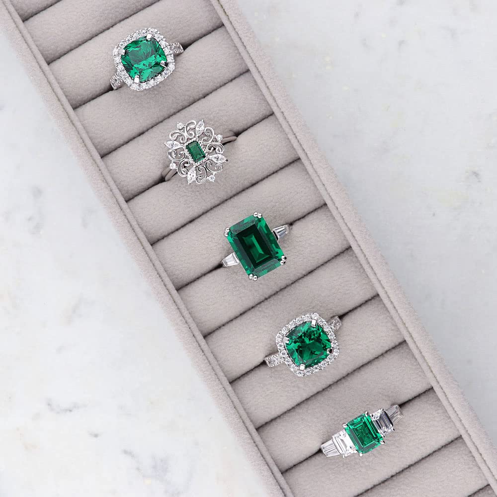 BERRICLE Sterling Silver 3-Stone Wedding Engagement Rings Simulated Emerald Cubic Zirconia CZ Cocktail Anniversary Ring for Women, Rhodium Plated Size 5