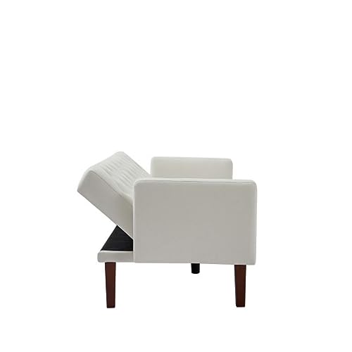 Fangflower Beige Tufted Back Sofa Bed Mid-Century Convertible Sleeper Futon with Tapered Wood Legs for Living Room Apartment Lounge