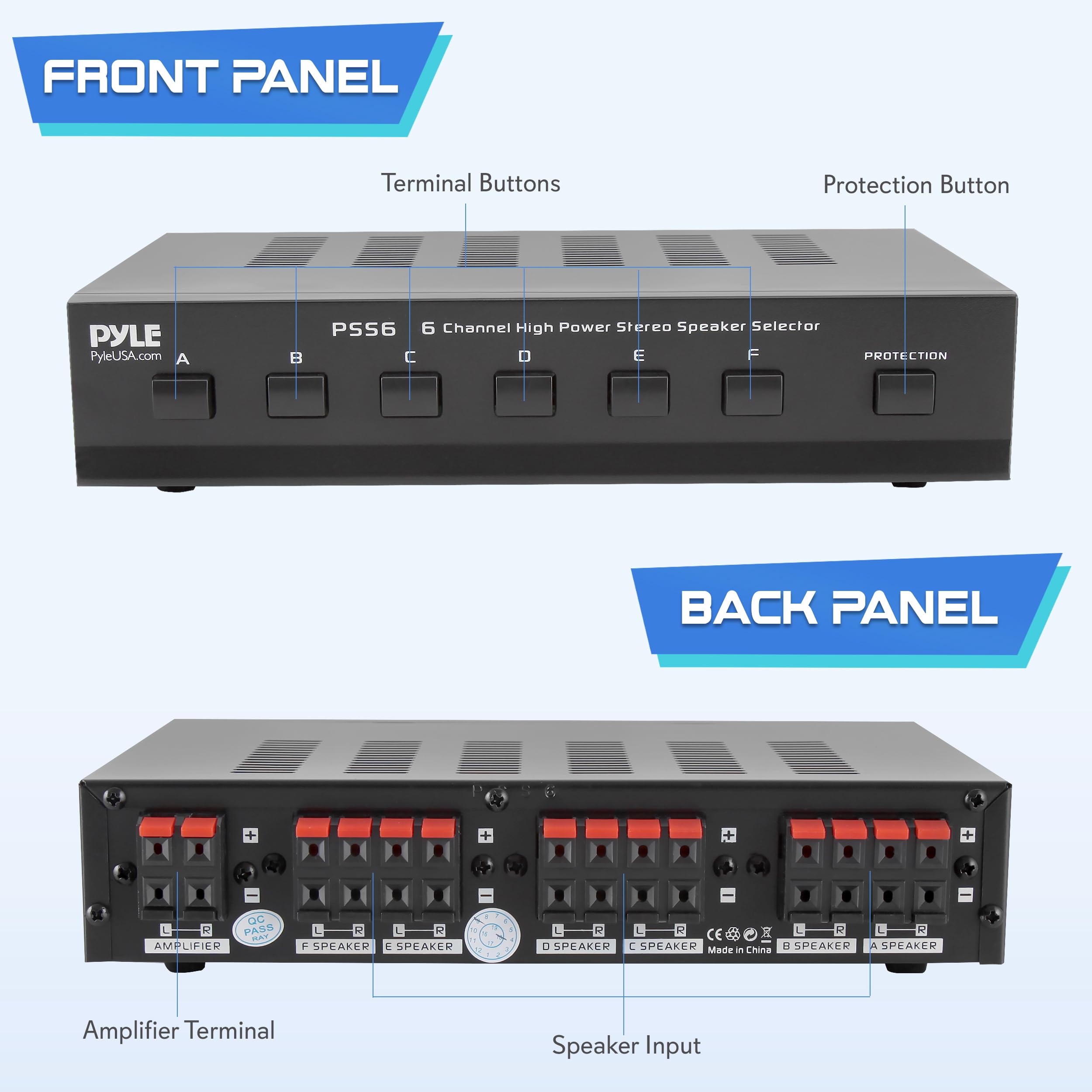 Pyle Home Premium New and Improved 6 Zone Channel Speaker Switch Selector Switch Box Hub Distribution Box for Multi-Channel High Powered Stereo Amplifier A,B,C,D Switches, 6 Pairs Of speakers PSS6