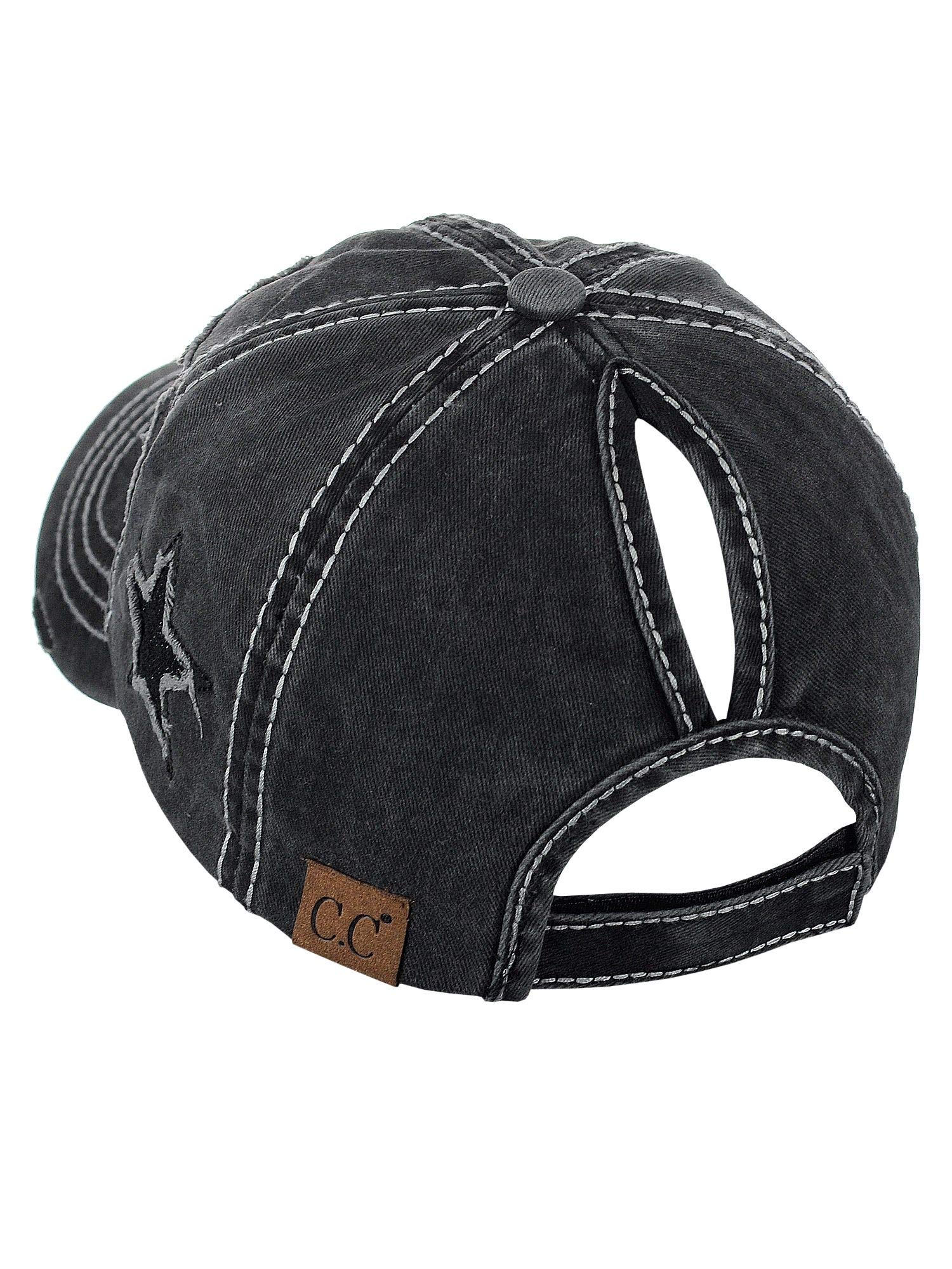 C.C Ponycap Messy High Bun Ponytail Adjustable Glitter Star Distressed Baseball Cap Hat, Black