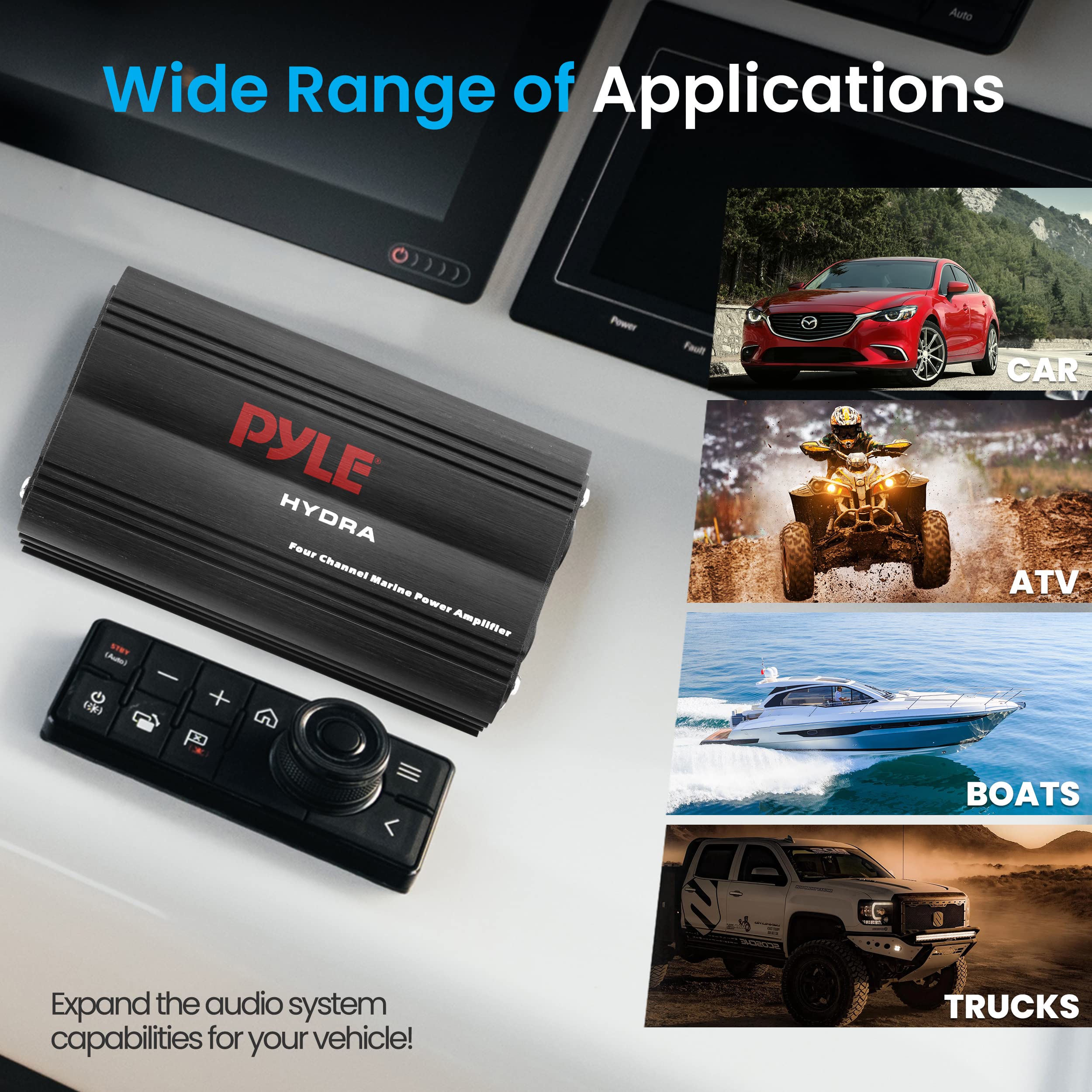 Pyle Hydra Marine Amplifier - Upgraded Elite Series 800 Watt 4 Channel Micro Amplifier - Waterproof, GAIN Level Controls, RCA Stereo Input, 3.5mm Jack, MP3 & Volume Control (PLMRMP3B)