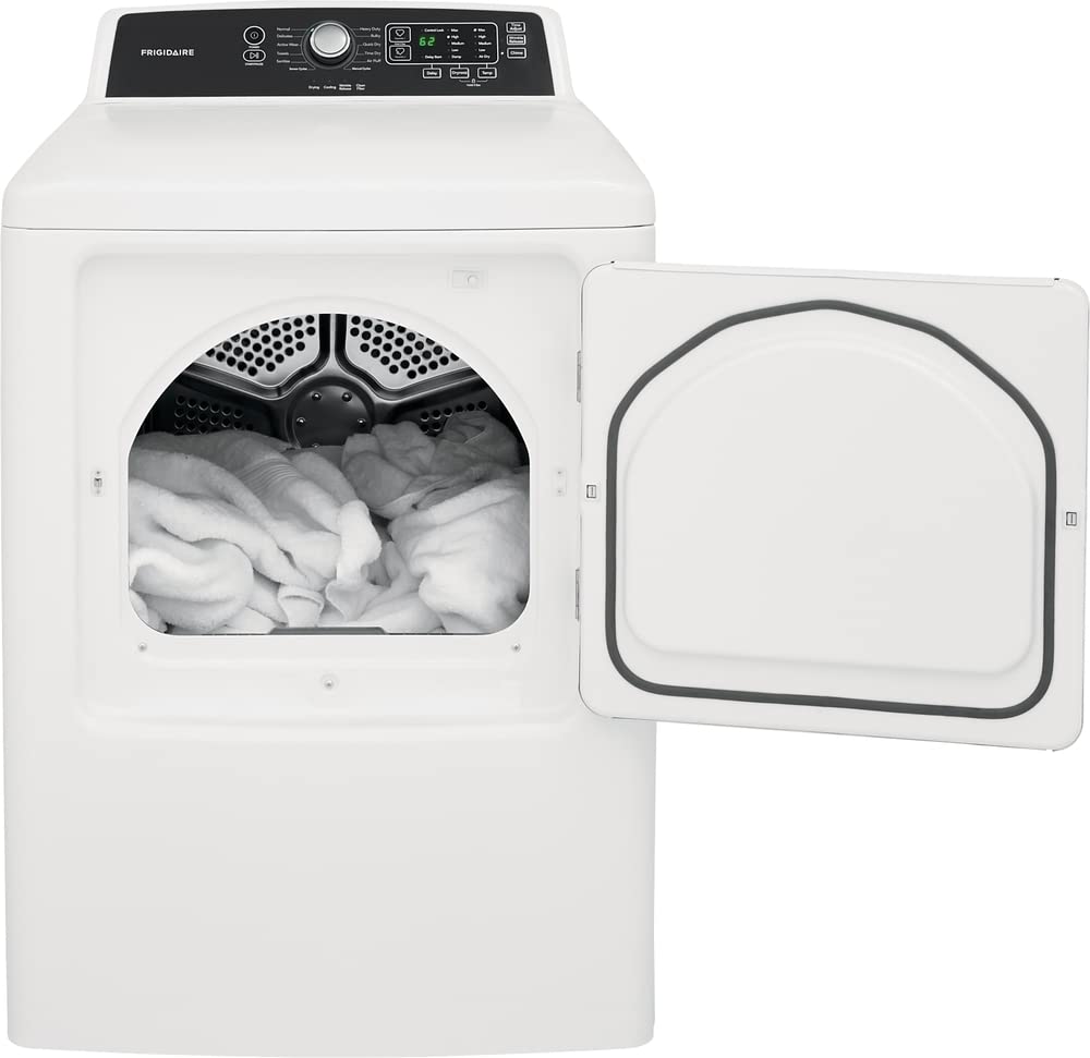 Frigidaire FFRE4120SW 6.7 cu. ft. Large Capacity Free Standing Electric Dryer, 10 dry cycles, Quick Dry, Active Wear, Sanitize, Eco Dry, Anti-Wrinkle, Reversible Door option, in White