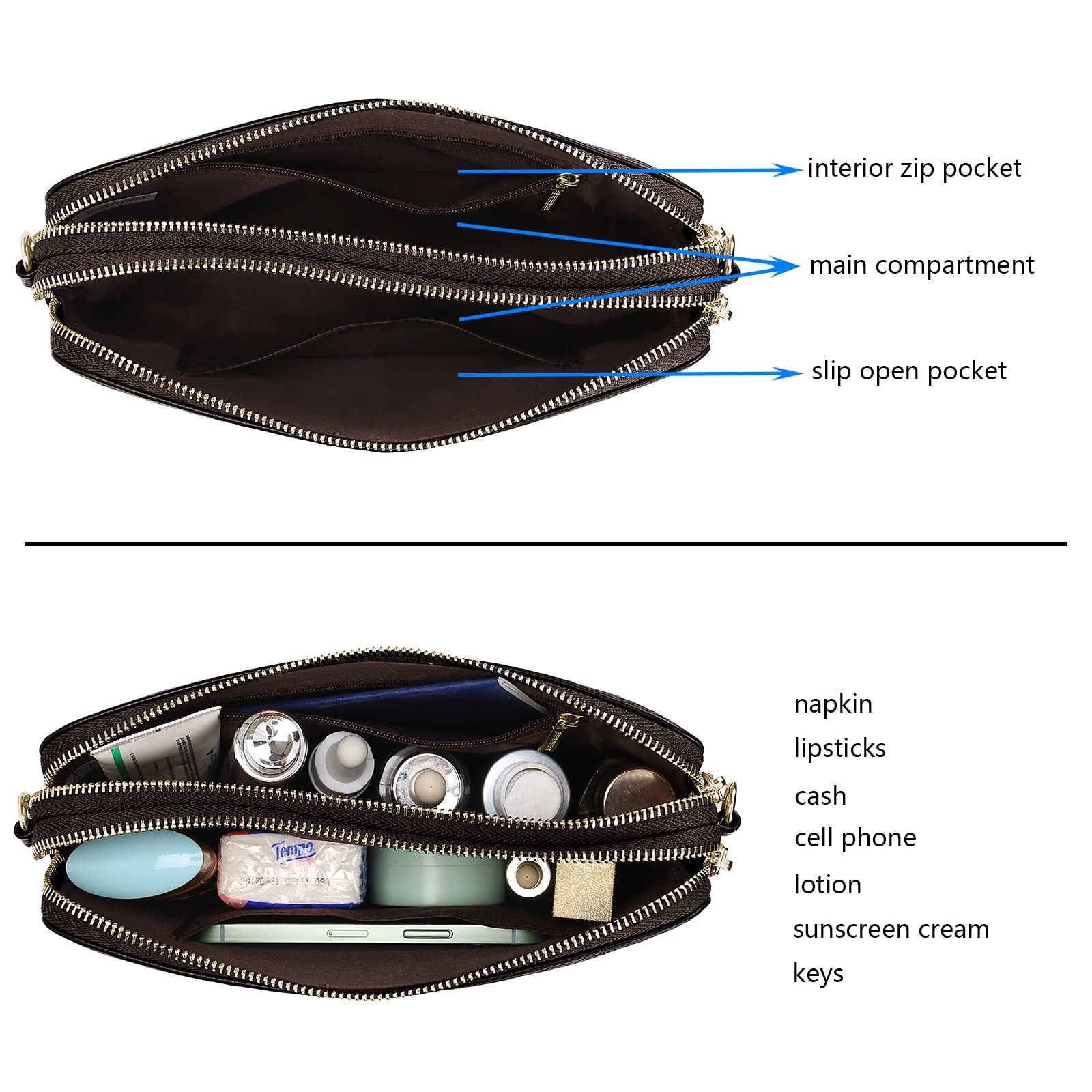 YALUXE Womens Wristlet Real Leather Quilted double zippers Large Clutch Wallet Shoulder Strap