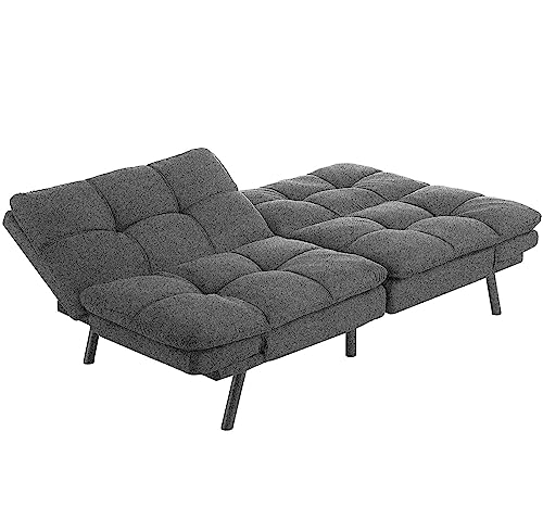 Fangflower Futon Sofa Bed, Fabric Memory Foam Couch, Foldable Convertible Sleeper Loveseat, Daybed for Living Room, Dark Grey