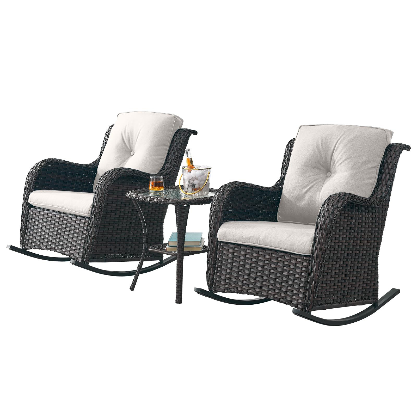Rilyson Patio Chairs Outdoor Rocking Chair - 3 Piece Wicker Patio Bistro Set Rattan Patio Furniture Rocker Chairs and Side Table for Porch Deck Backyard Garden(Brown/Beige)