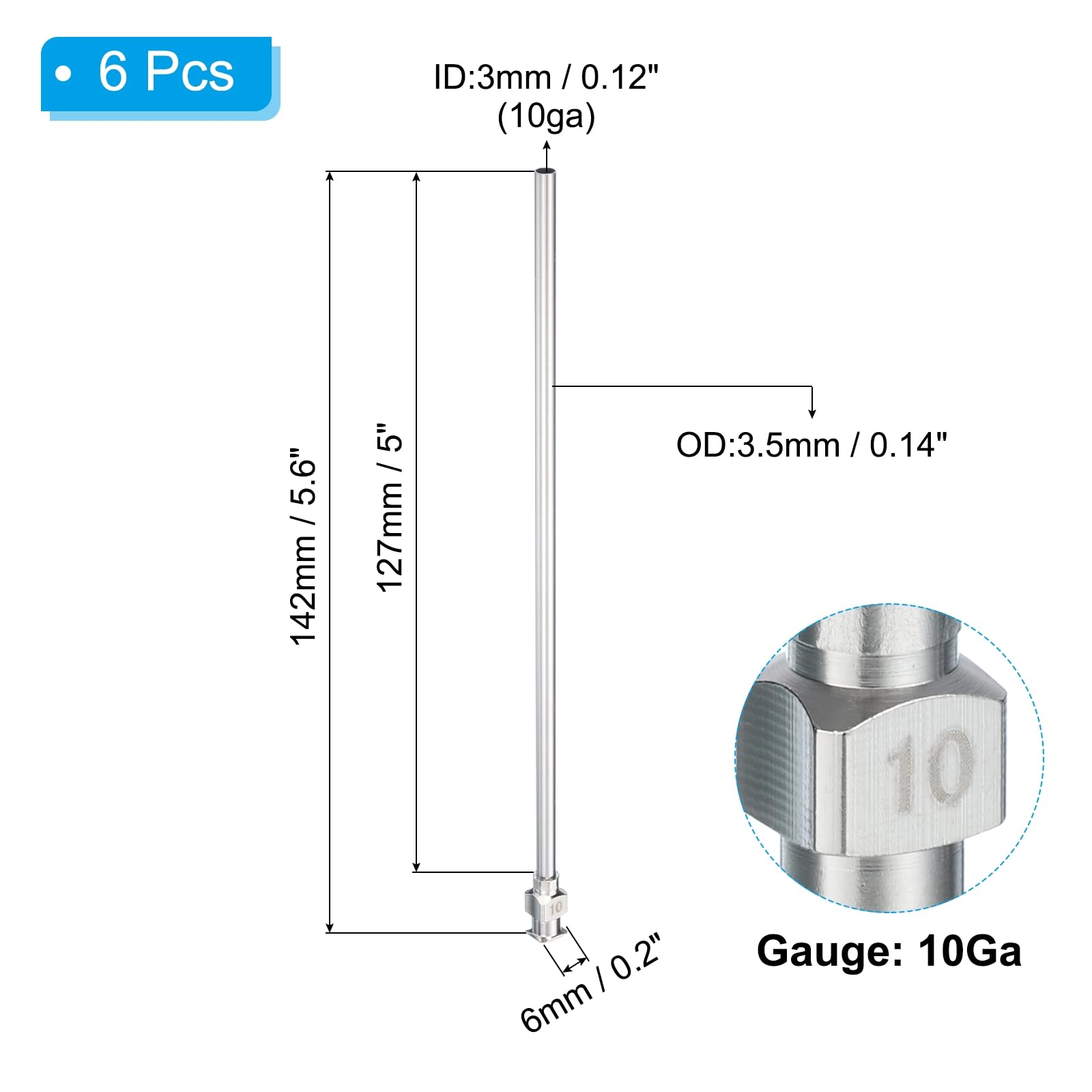 PATIKIL 10Ga x 5 Inch Stainless Steel Dispensing Needle Tips, 6Pcs Metal Glue Needle Tube Blunt Tips Luer Lock for Thick Glue Ink Lab, Silver