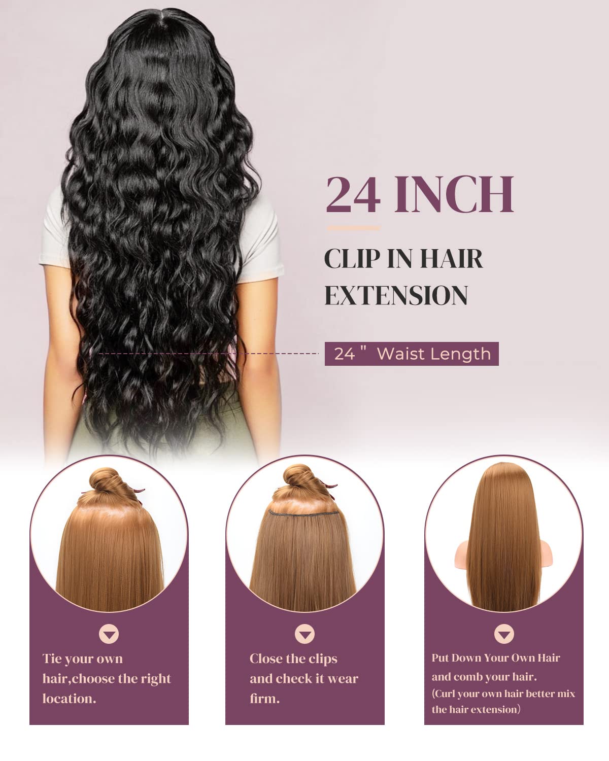LONAI Clip In Hair Extensions, 6PCS 24" Black Hair Extensions Long Mermaid Waves Wavy Synthetic Clip On Hairpiece For Women(Black)