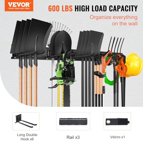 VEVOR Garage Tool Organizer, 600 lbs Max Load Capacity, Wall Mount Yard Garden Storage Rack Organization Heavy Duty with 6 Adjustable Hooks and 3 Rails, for Garden Tools, Shovels, Trimmers, and Hoses