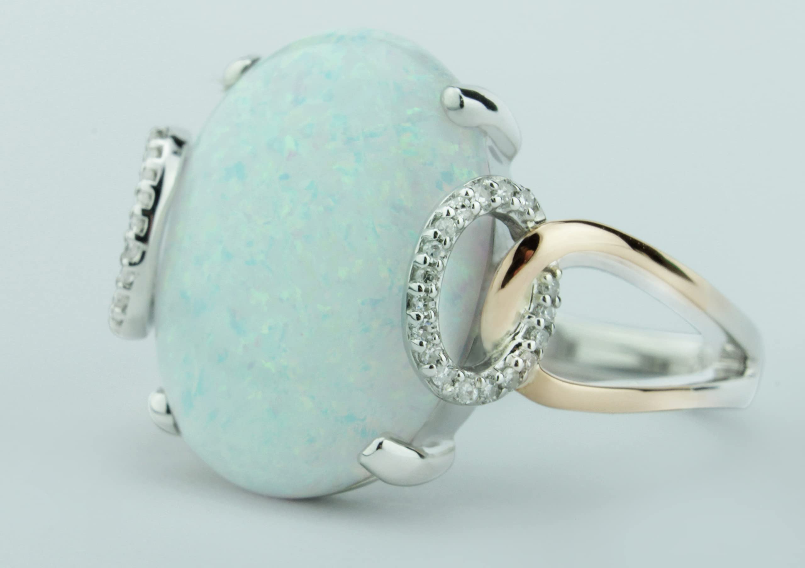 Belantina Heartland By Beverley Mitchell 10K Rose Gold with .925 Sterling Silver Oval Lab Created Opal Cabochon & Diamond Accented Statement Ring (H-I Color, I2-I3 Clarity) - Size 8
