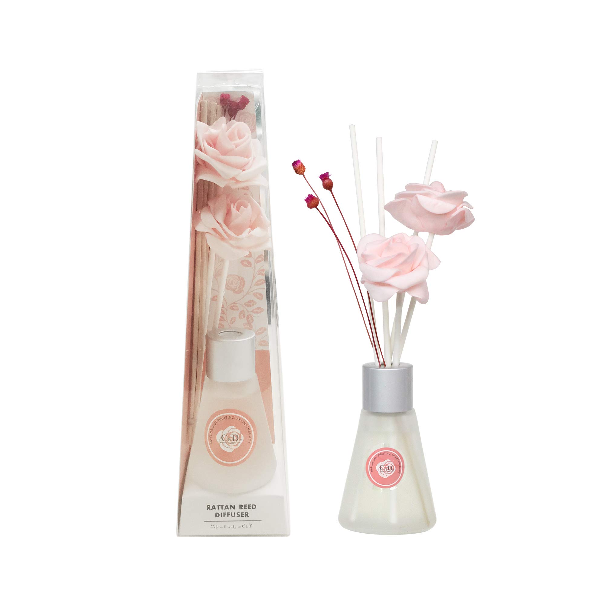 C&D Cone Shaped Rose Reed Diffuser Rattan Sticks Room Scented Fragrance Aromatherapy for Home & Office 30ml (Pink Flower/Garden Blossom)