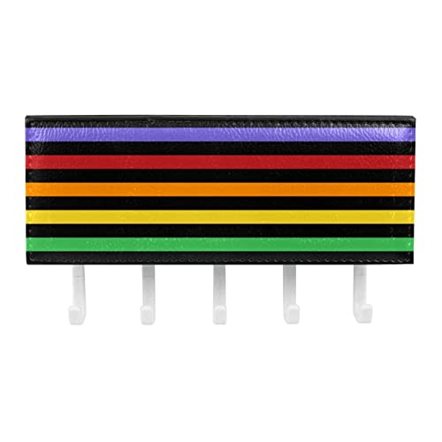 Colorful Horizontal Lines Striped Pattern with Black Background Mail Holder Organizer and Key Hooks PU Front, Self Adhesive Key Rack with 5 Hooks Perfect for Entryway, Hallway,Bathroom ,Kitchen