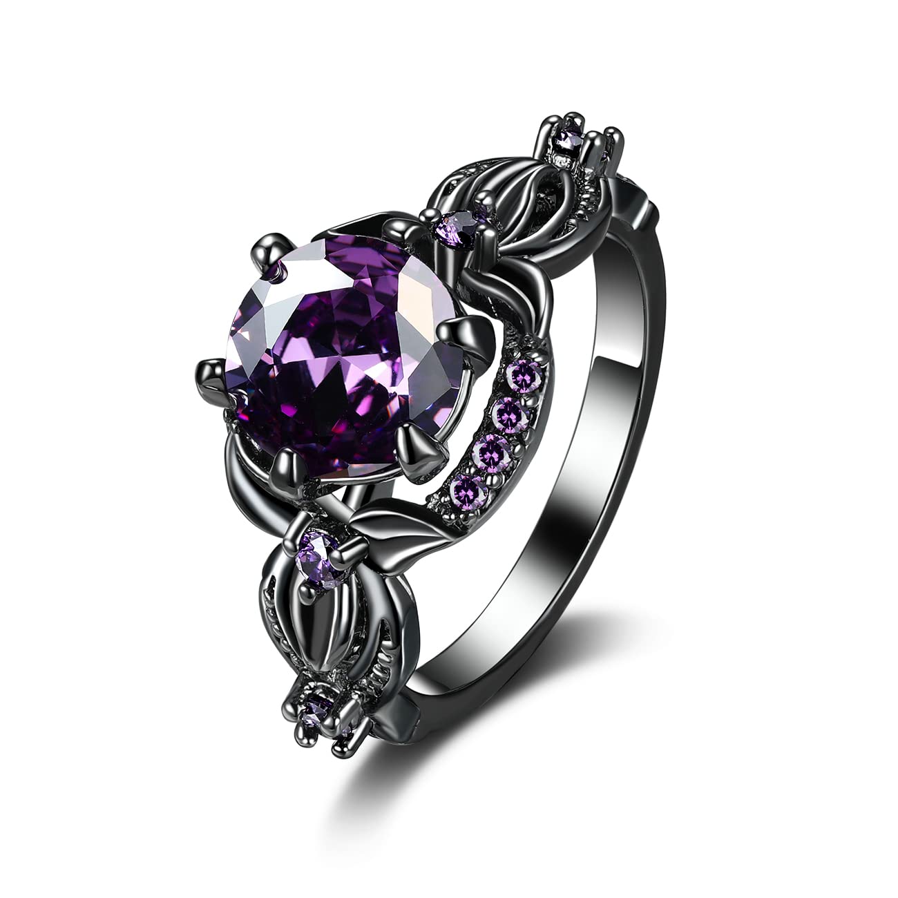 Black Gothic Rings for Women, Goth Created Amethyst Unique Black Gold Wedding Engagement Ring Jewelry Gifts Size 5 6 7 8 9 (Created Amethyst, 8)