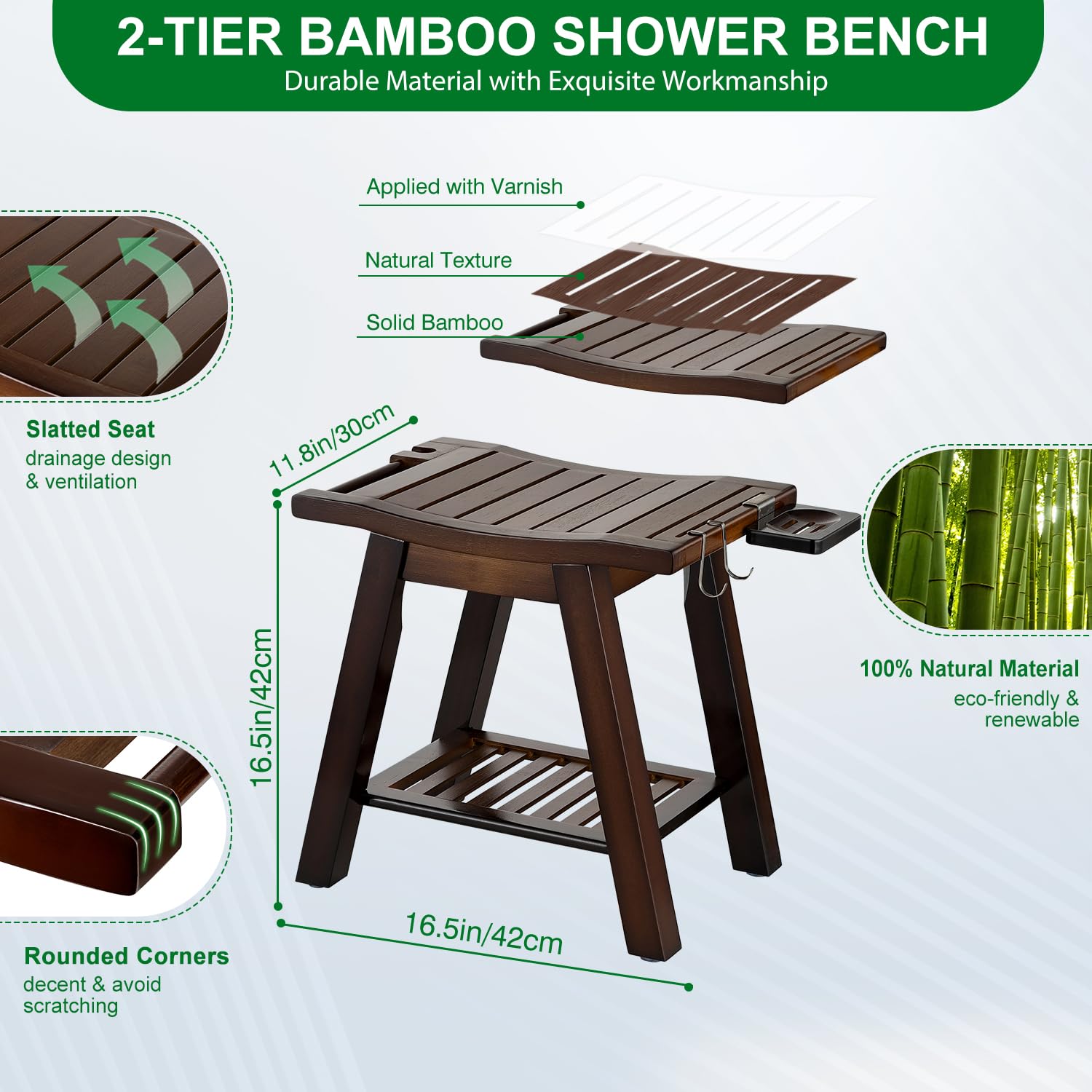 ETECHMART Bamboo Shower Bench, A-Shaped Spa Seat with Storage Shelf for Shaving, Waterproof Shower Chair for Seniors, Adults, and Disabled