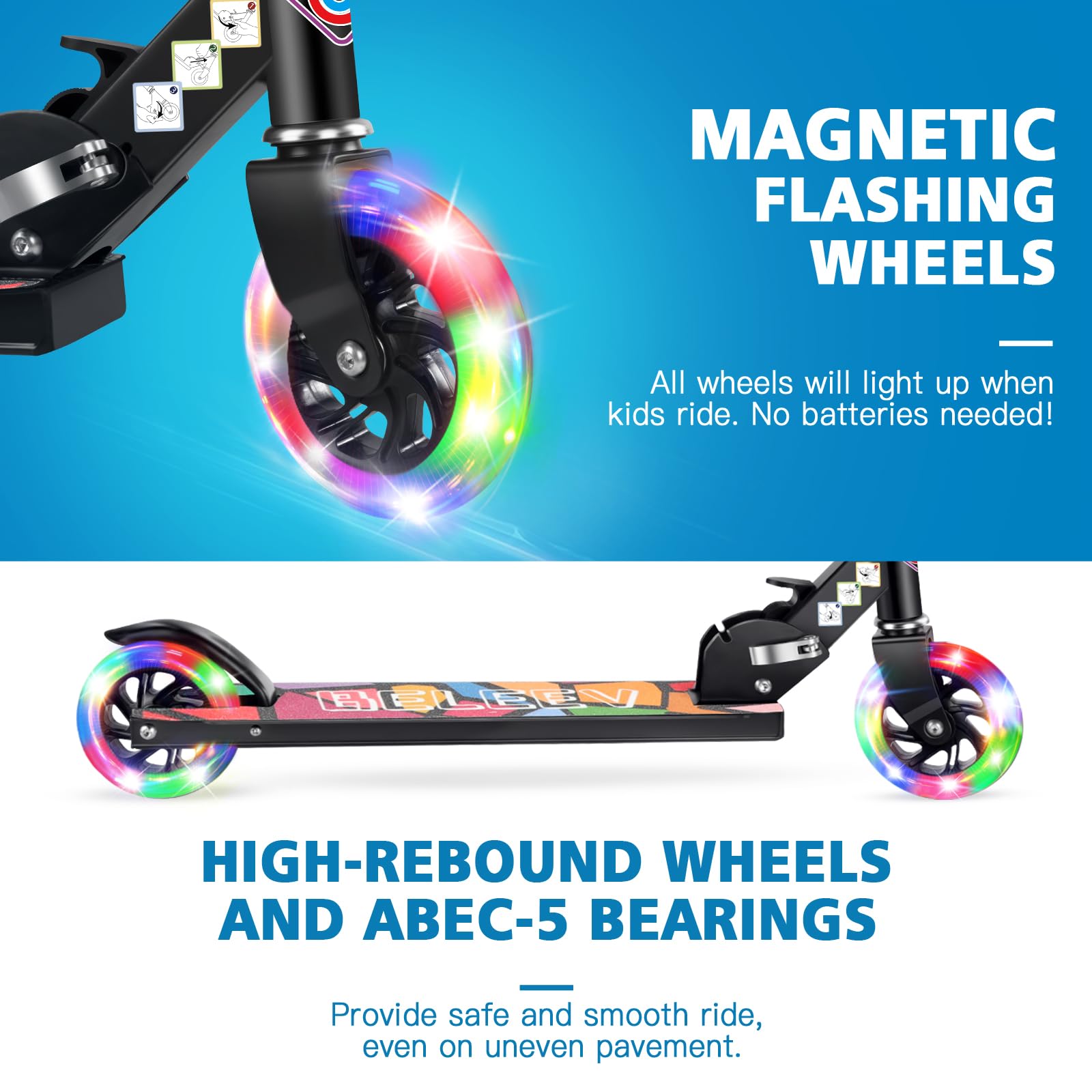 Beleev V1 Scooters for Kids 2 Wheel Folding Kick Scooter for Girls Boys, 3 Adjustable Height, Light Up Wheels, Kickstand for Children 3 to 12 Years Old