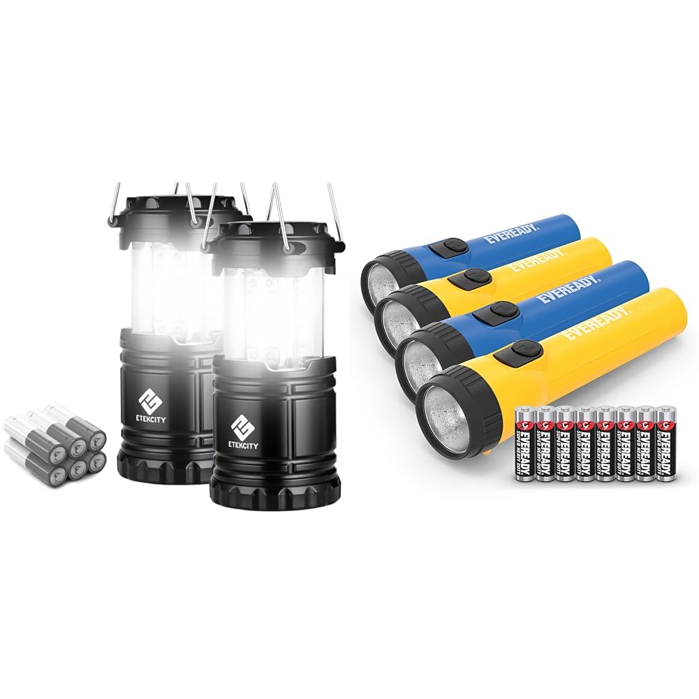 Etekcity Lantern Camping Essentials Lights, Led Lantern for Power Outages & EVEREADY LED Flashlights (4-Pack), Bright Flashlights for Emergencies and Camping Gear