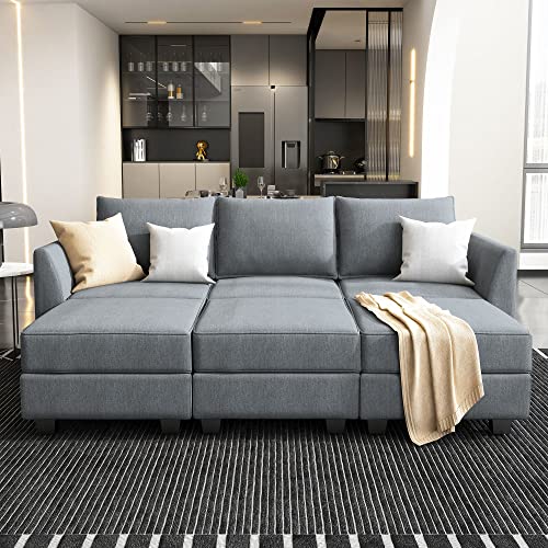 HONBAY Modern Modular Sectional Sofa Sleeper Couch Living Room U Shape Sofa Couch with Ottoman Set, Full Size Sectional Sofa Bed for Small Space, Bluish Grey