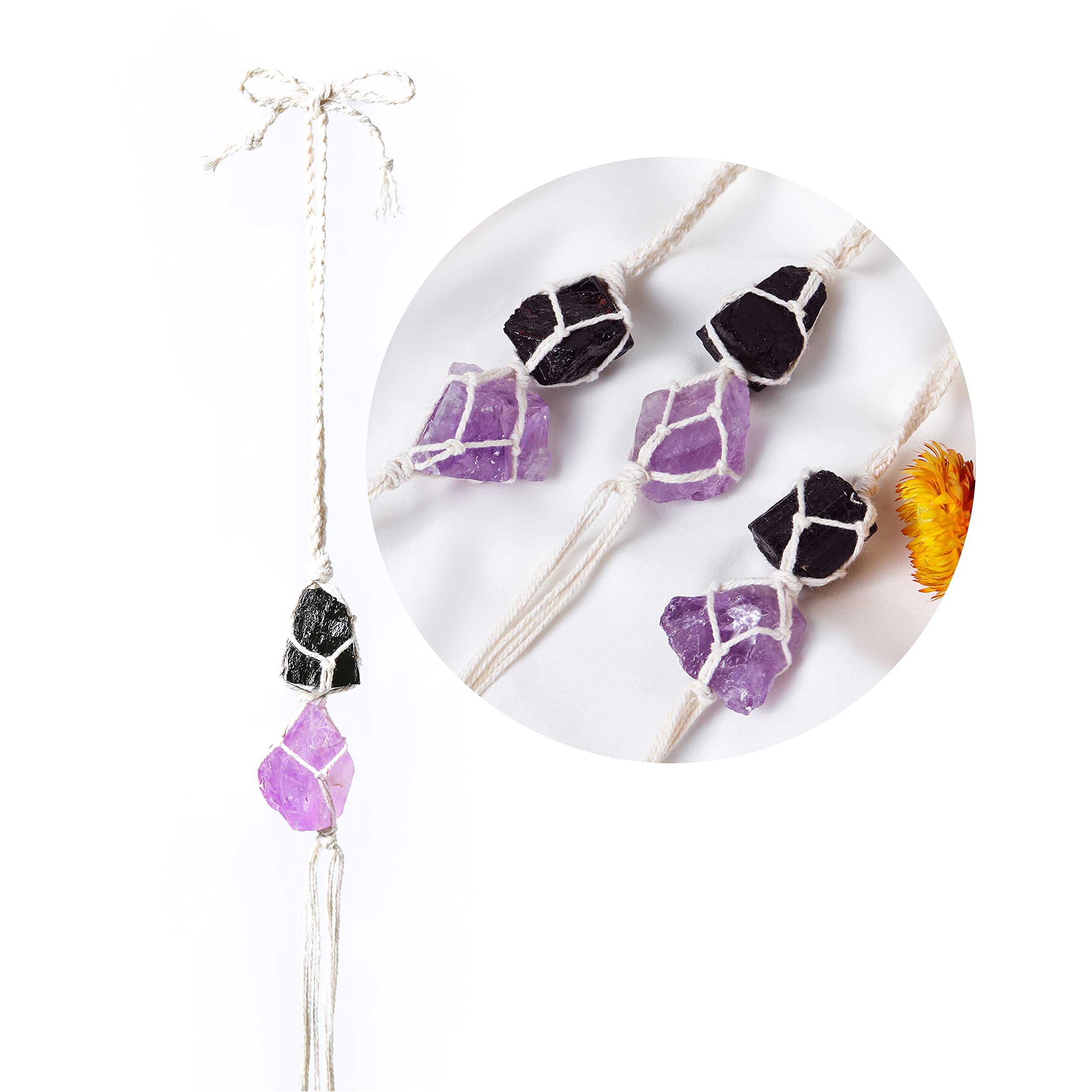 Runyangshi Natural Healing Crystal Hand Woven Net Bag Pendant Black Tourmaline Brazil Amethyst Rough Stone Mine Standard Car Hanging Ornaments Bohemian Style Reiki Energy Home Garden Decor