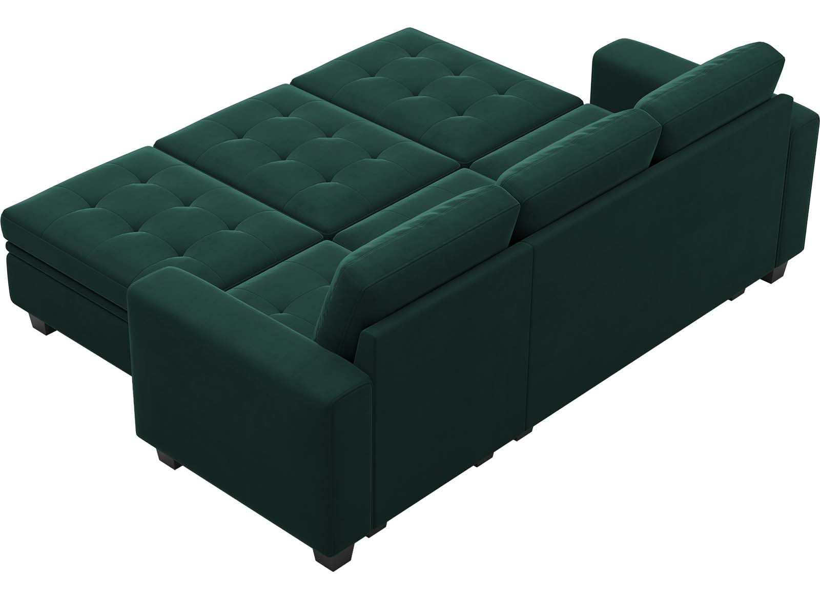 Belffin Green Velvet L-Shape Modular Convertible Sofa Bed with Storage, 83.4x62.2x35.8 inches, 6 Pieces, Medium Firmness