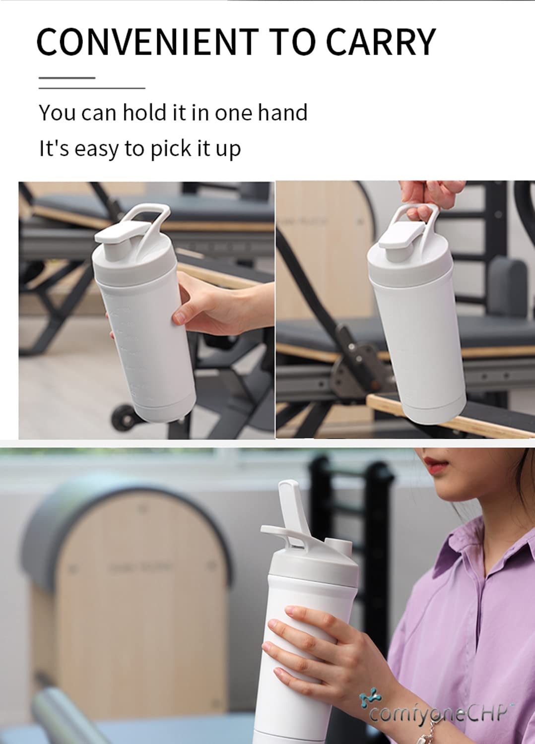 ComfyoneCHP Detachable Bottom Stainless Steel Water Bottle Protein Mixing Shaker Tumbler Removal Ball and Bottom Easy Clean Leak-Proof Blender Cup 28oz (800ml) for Gym (White)