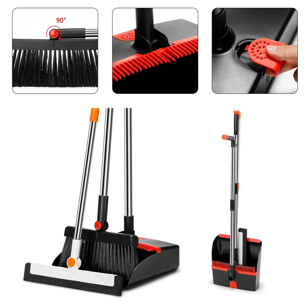 Dustpan and Broom Set Plus Squeegee Dustpan Broom Combo with Extendable & Adjustable Upright Poles to 52.4” Easy to Store Perfect for Kitchen, Outdoor, Lobby Floor and Office