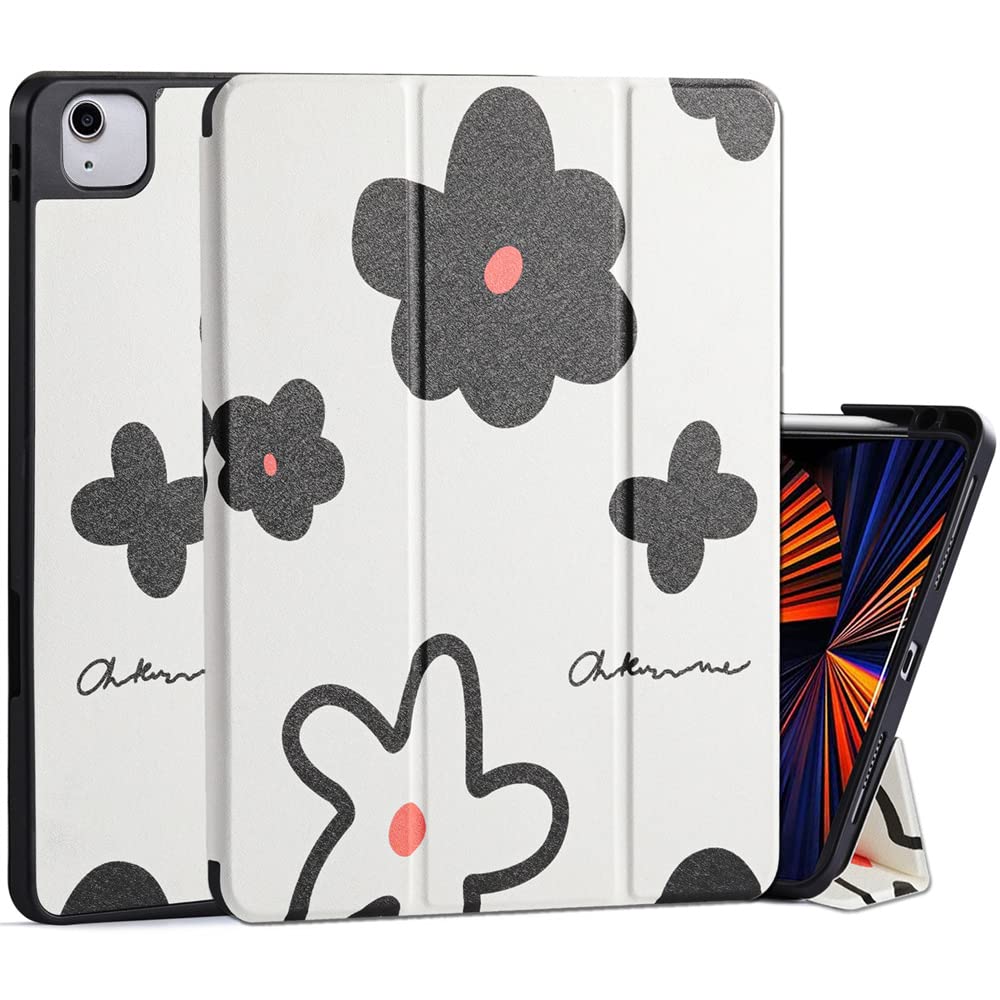 Compatible with iPad Air 4/5 Case with Pencil Holder Cute Flower Design for iPad Pro 11 inch Protective Cover Leather Silicone Shockproof Cases for Apple iPad Air 4/5 10.9 inch - White