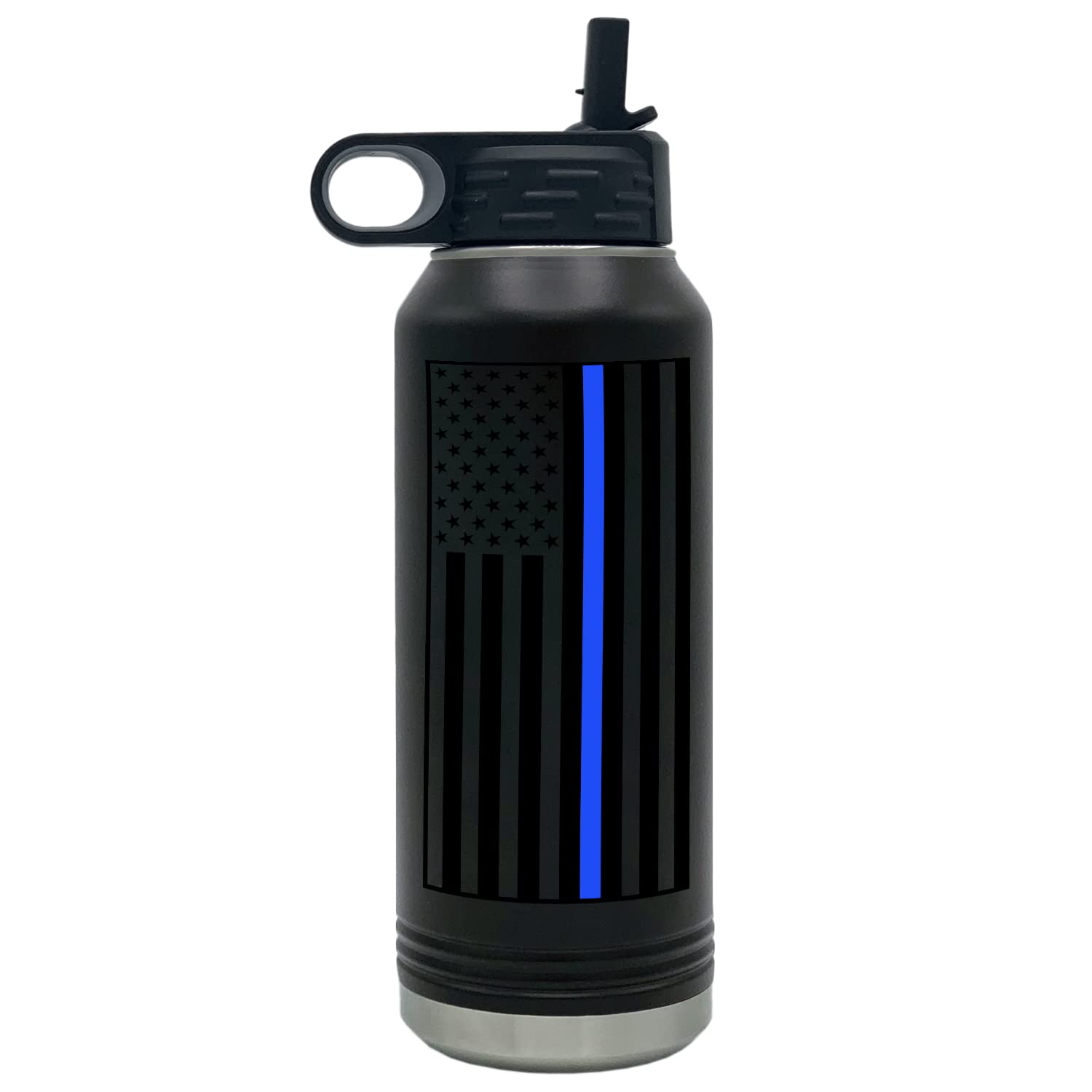 Cuptify Black Thin Blue Line Police Flag on Black Sports Bottle with Straw 32 oz Stainless Steel Vacuum Insulated Bottle Gift for Police, Academy, Graduation