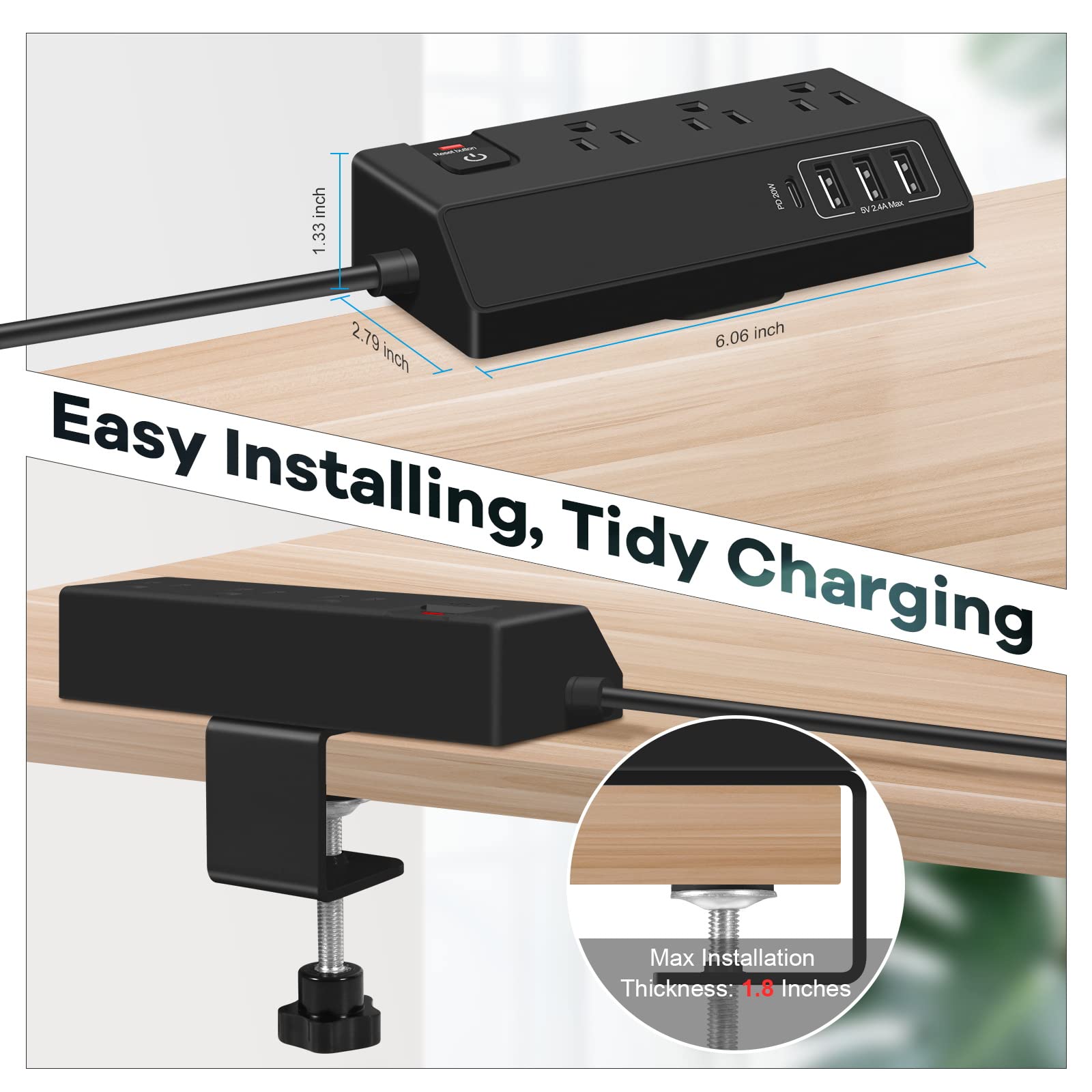 Desk Clamp Power Strip USB C (20W PD Fast Charging) - Desktop Surge Protector with 3 Outlets 4 USB Ports - Edge Mount Power Strip Desk Outlet Station Plug Extender - Phone Office Desk Accessories