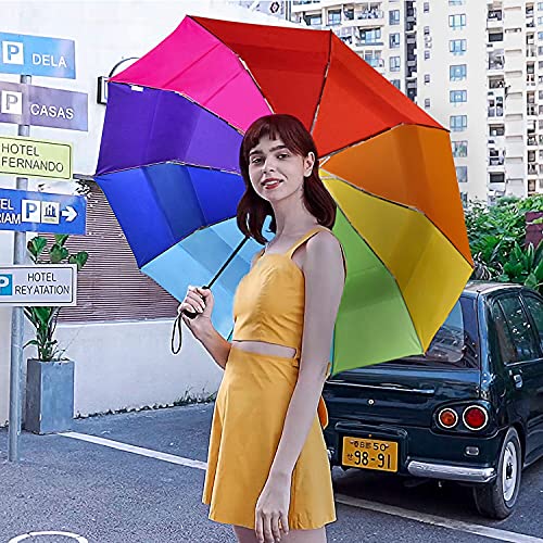 Lejorain Large Golf Umbrella Windproof - Oversized 54inch Double Layer Rainbow 10Ribs Folding Travel Umbrella Compact Auto Open Close for Rain Women/Men