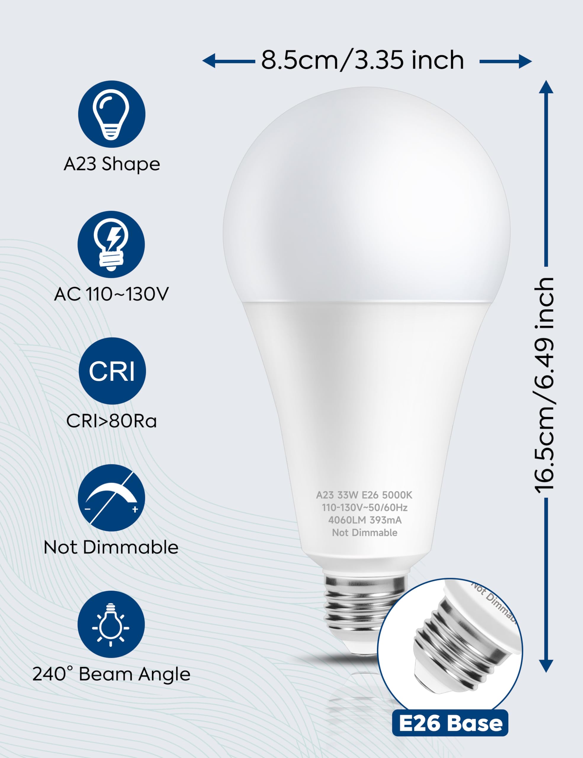 Nouscan 300W Equivalent LED Light Bulb, 4060LM Super Bright A23 LED Bulb, Daylight 5000K, 33W Energy Saving, E26 Medium Base, 120V for Garage, Warehouse, Shop, Supermarket, Non-Dimmable, 2 Pack